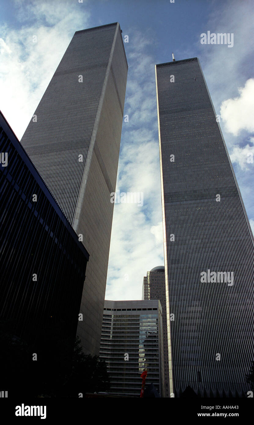 The Twin Towers of the World Trade Centre viewed from ground level ...