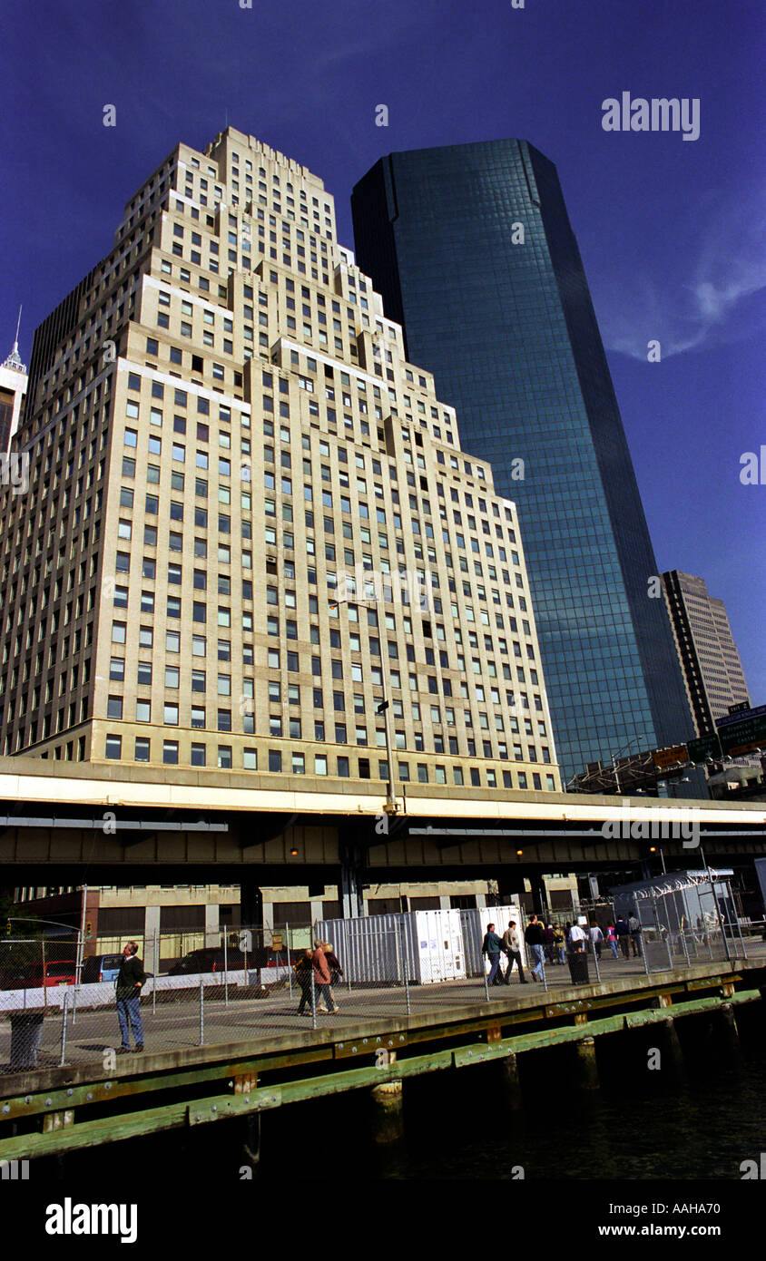Manhattan skyscrapers as viewed from the ferry approaching the dock ...