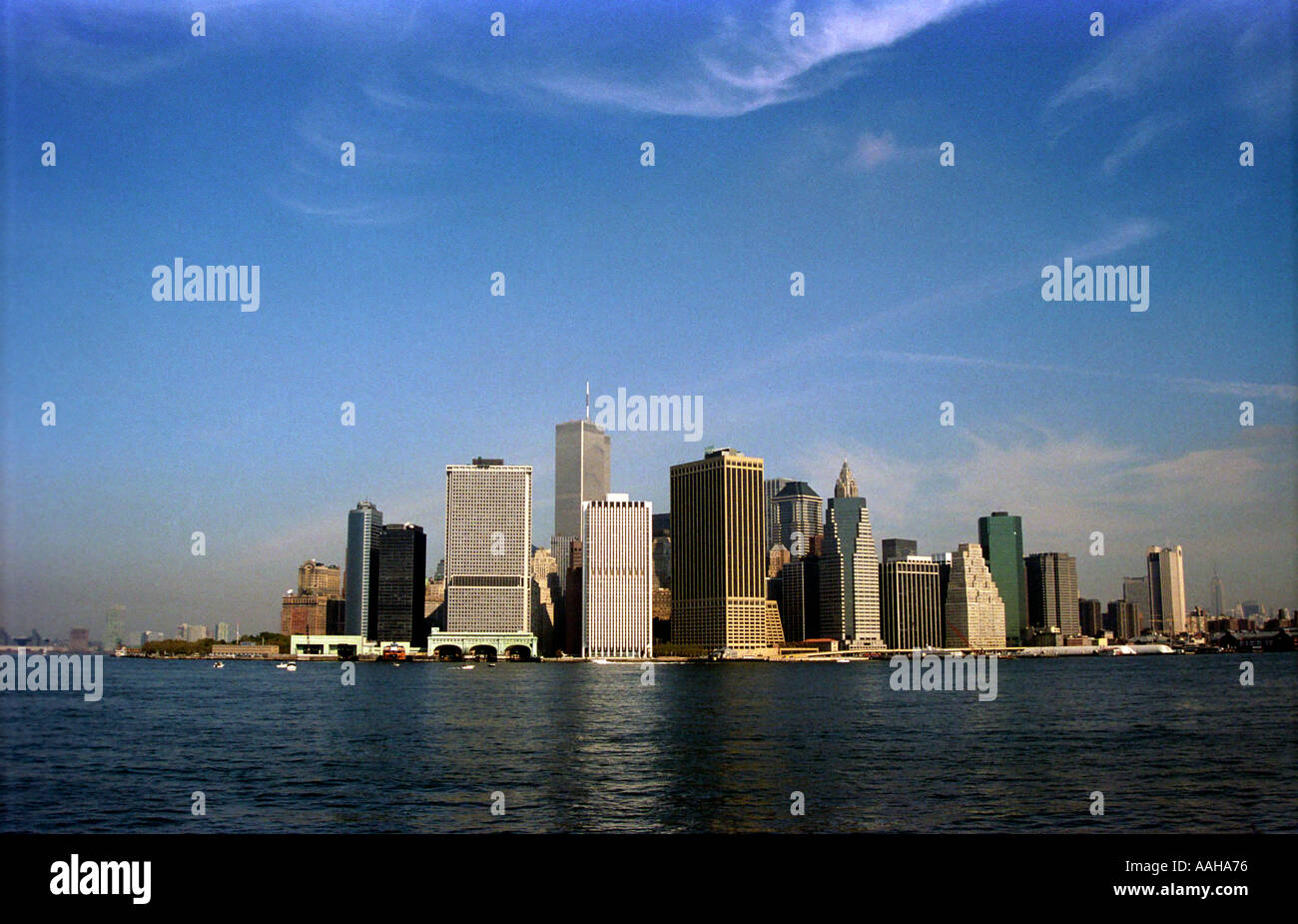Manhattan skyscrapers as viewed from the ferry approaching the dock ...