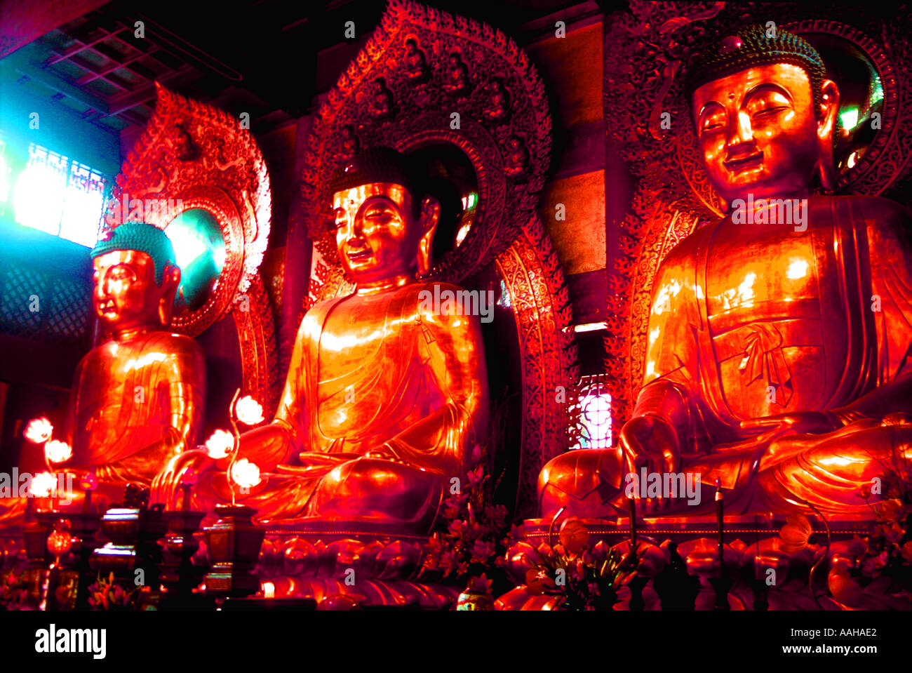 Buddhist statues in a Chinese temple in Guangzhou China in Guangdong ...