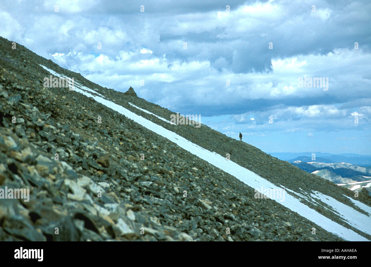 Lone climber on the scree slope ridge of El Diente in the Colorado ...