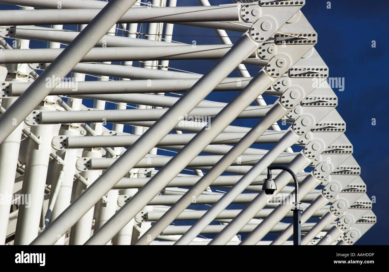 External steelwork and lamp post mounted CCTV at Swansea Stadium Stock ...