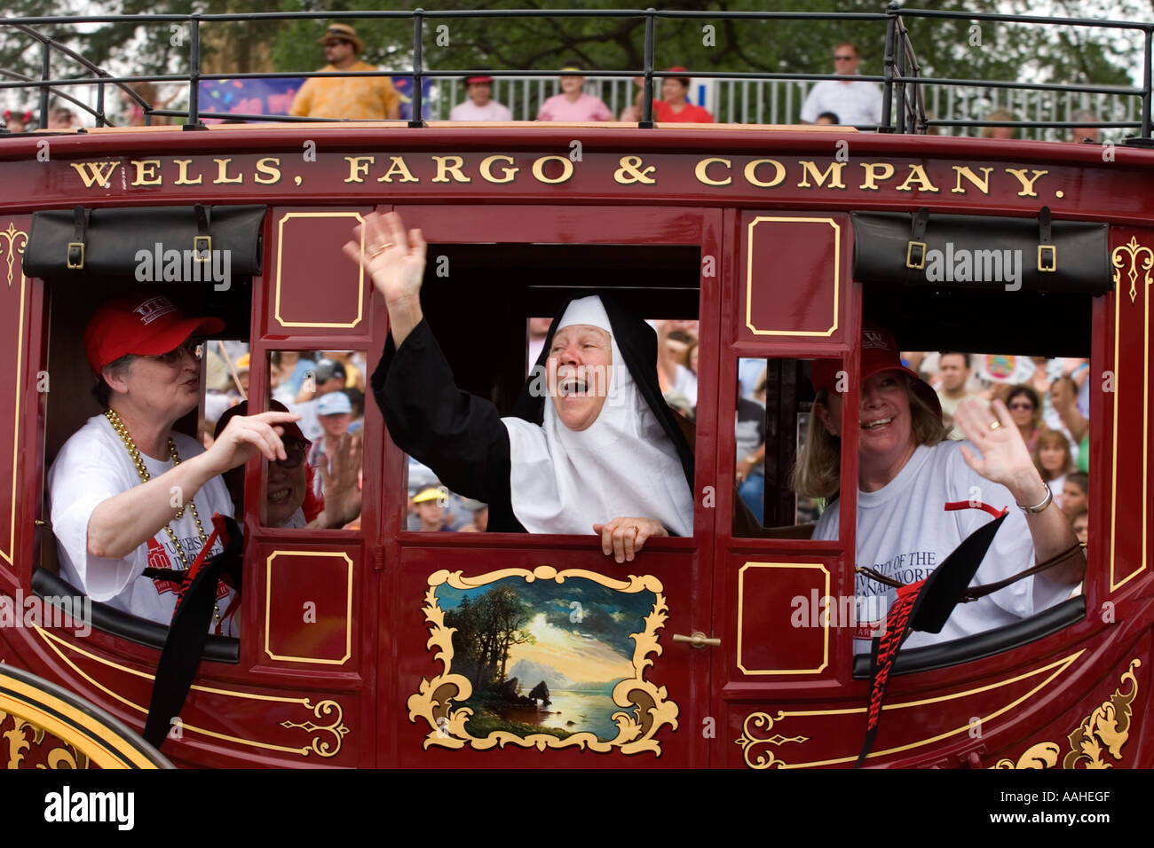 Nun in a stage coach waving out of window Stock Photo - Alamy