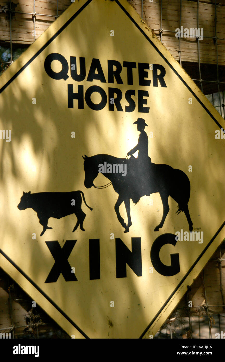 A yellow diamond shaped Quarter horse crossing sign with a horse and ...