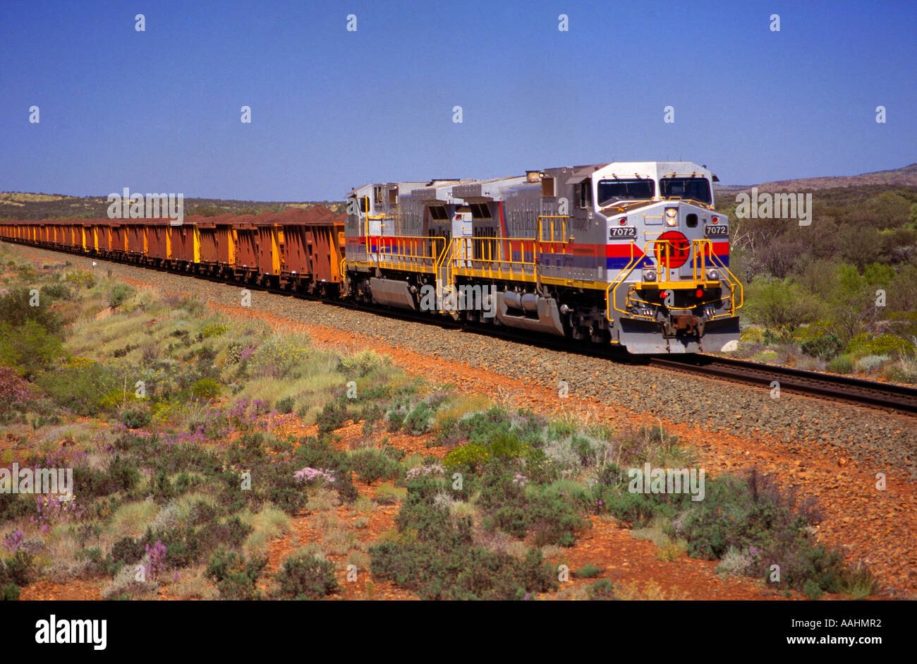 Iron ore train near Mt Tom Price Pilbara Western Australia Horizontal ...