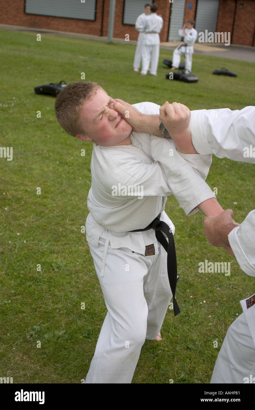 karate instructor demonstrating arm lock and grab on young student ...