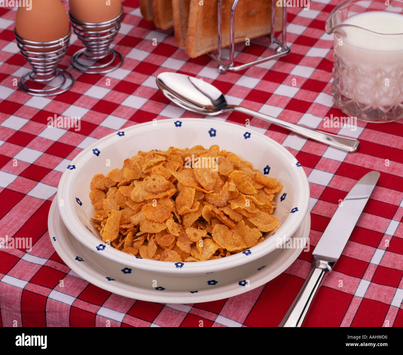 Breakfast Corn flakes milk toast boiled eggs Stock Photo - Alamy