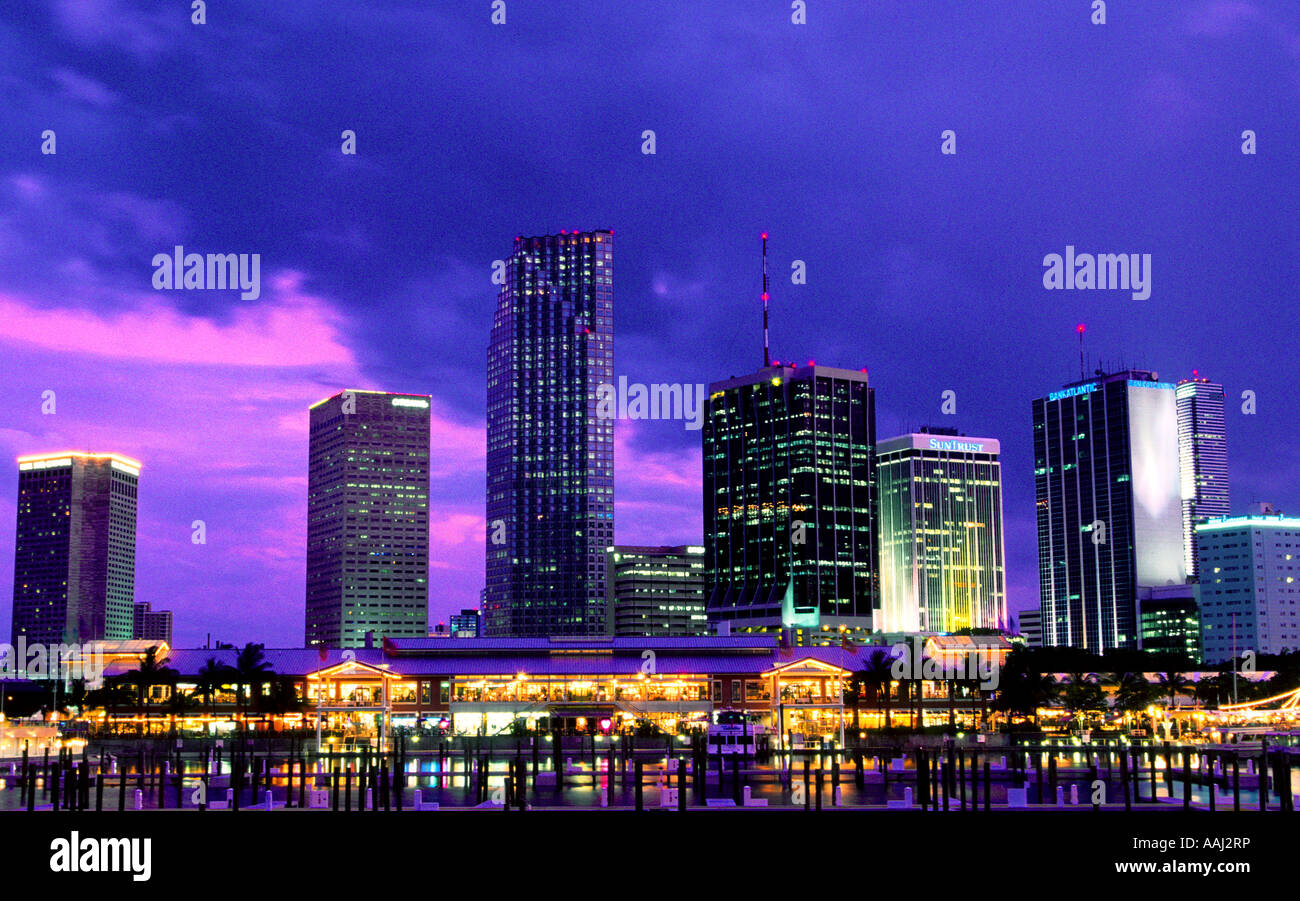 miami skyline at night and bayside market Stock Photo - Alamy