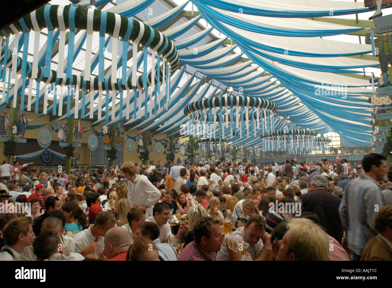 Munich, Octoberfestival 2004, beer tent with typical bavarian, blue ...