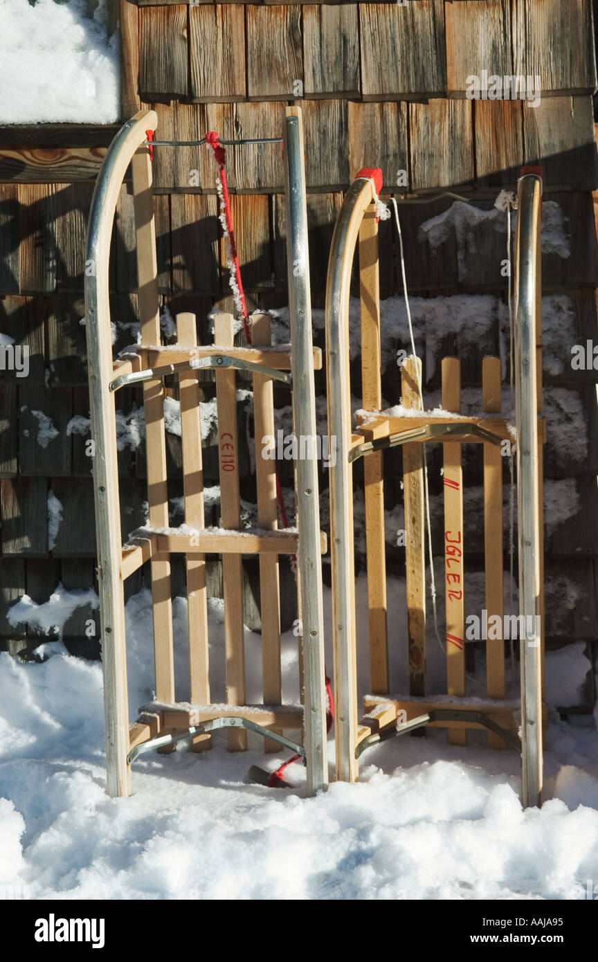 Two sledges in the town Spitzingsee Upper Bavaria Stock Photo - Alamy