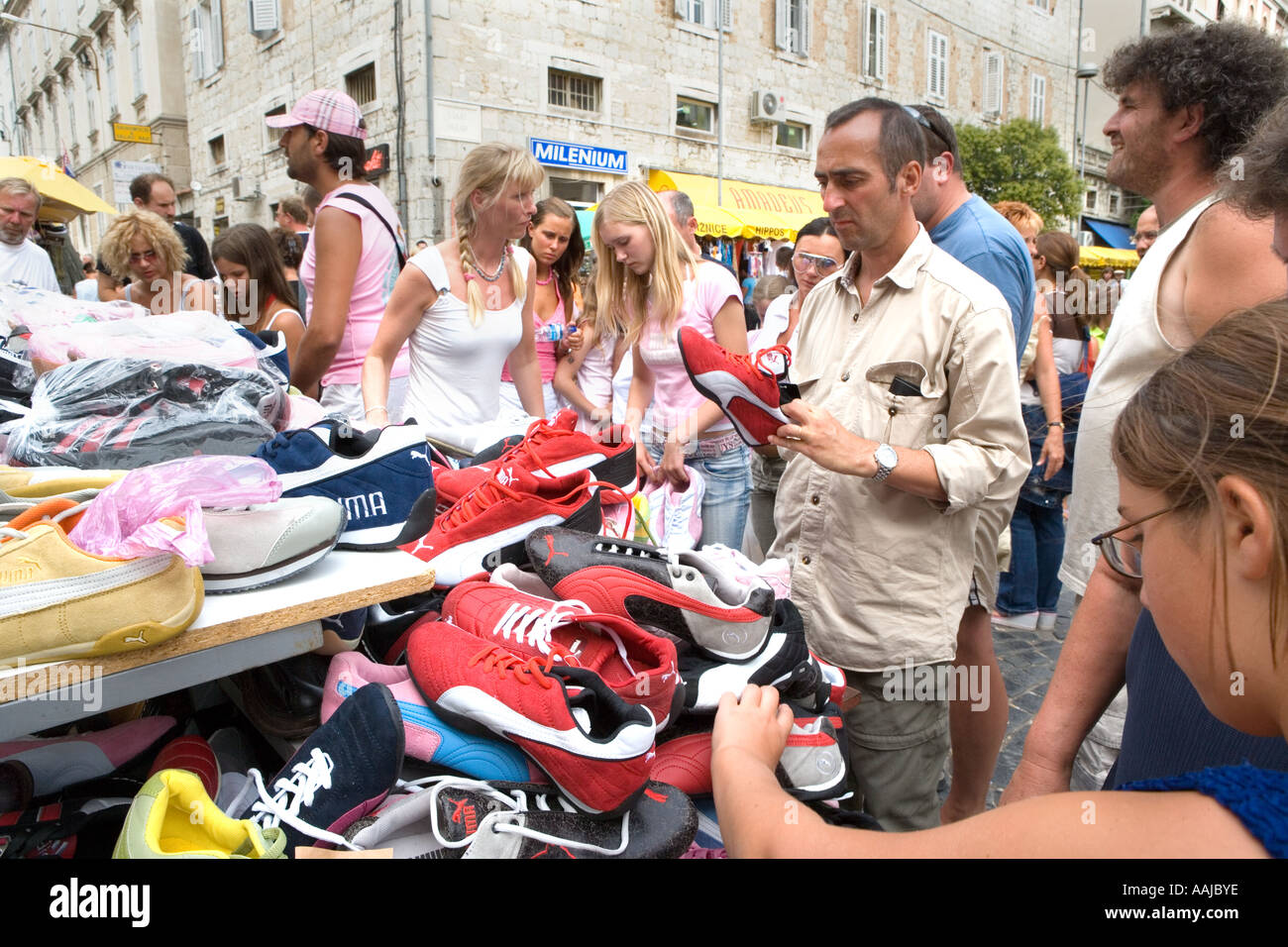 Market stall selling shoes of all shapes and sizes Split Croatia Stock ...