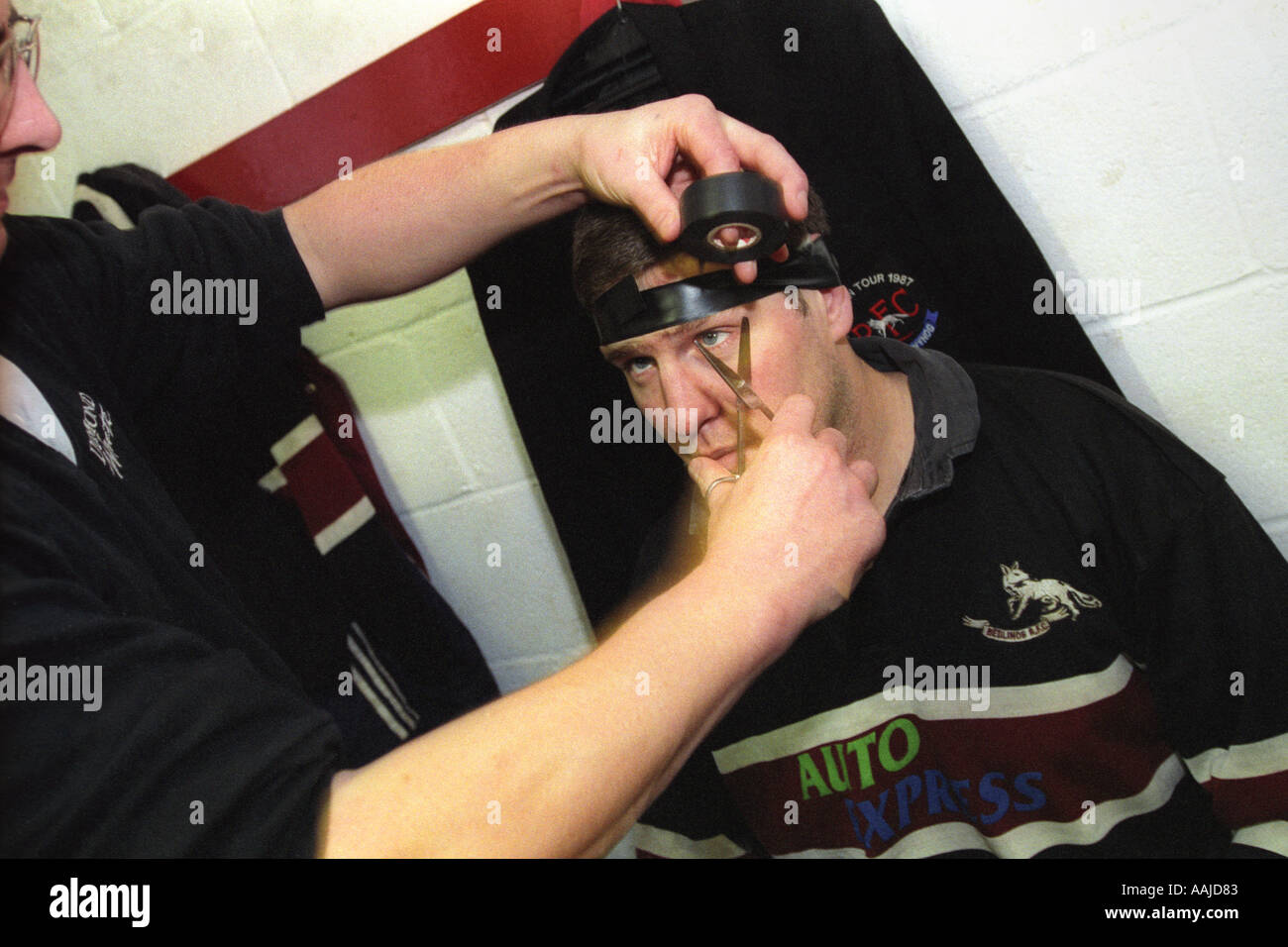Player at Bedlinog RFC has his head taped up in the dressing room ...