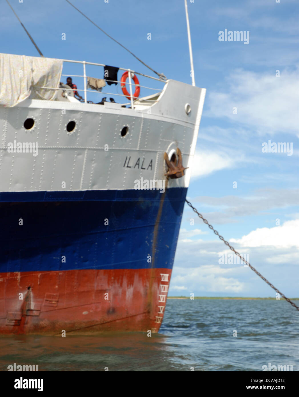 The Ilala at anchor, bow, Lake Malawi, Africa, Ilala in the background ...