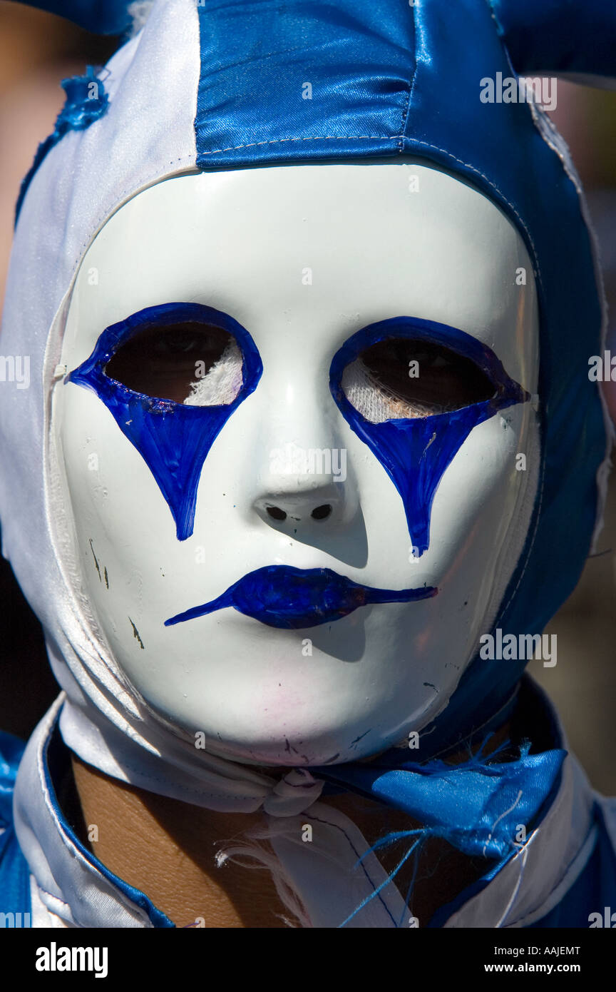 close up of a blue and white masks in the carnival of puebla, mexico ...