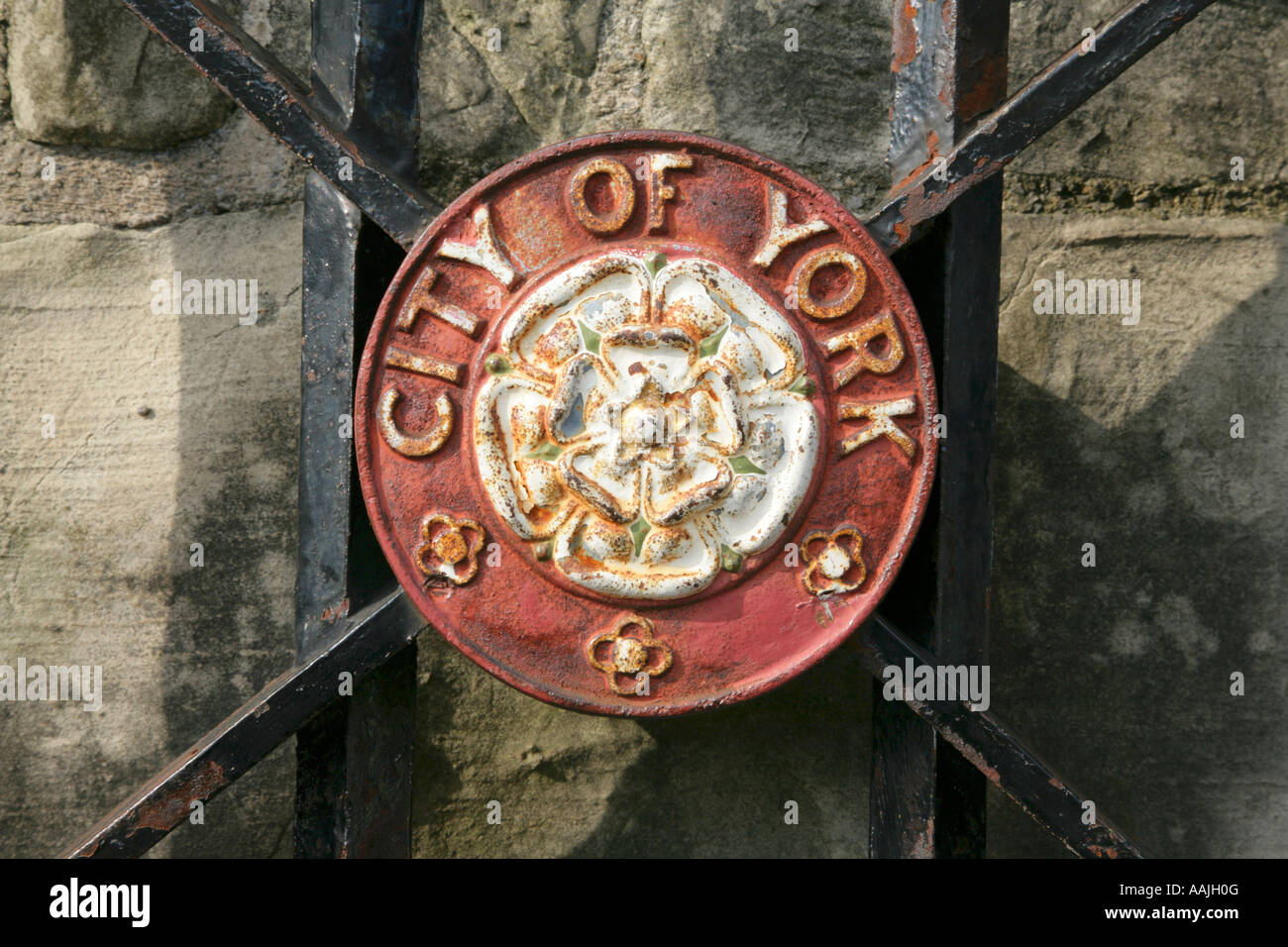 Cast iron City of York crest mounted on gate to the city walls, York ...