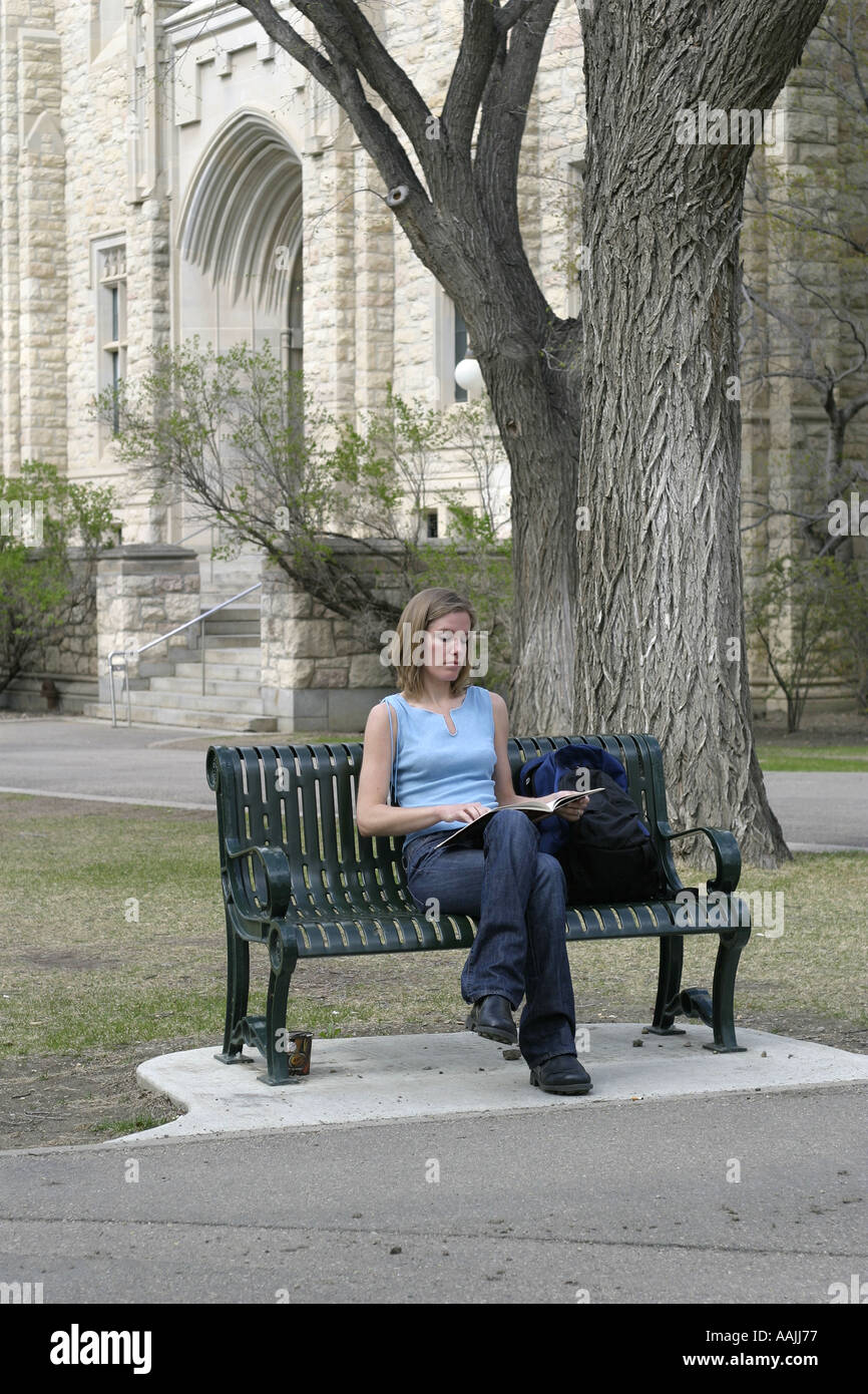 Student studying on a bench on a university campus Stock Photo - Alamy