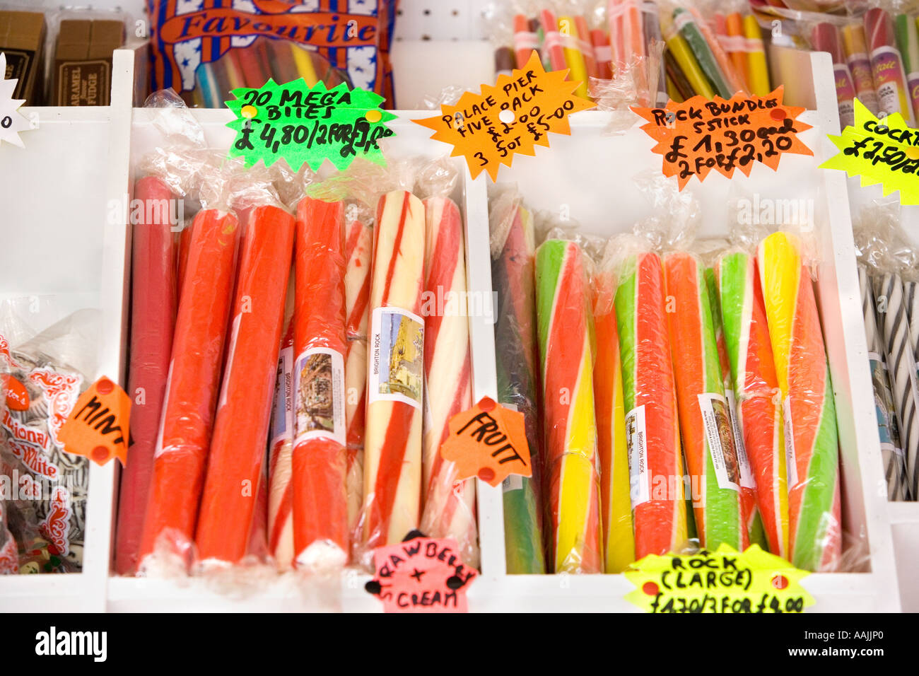 Stick of multi coloured rock at an English seaside resort Stock Photo ...