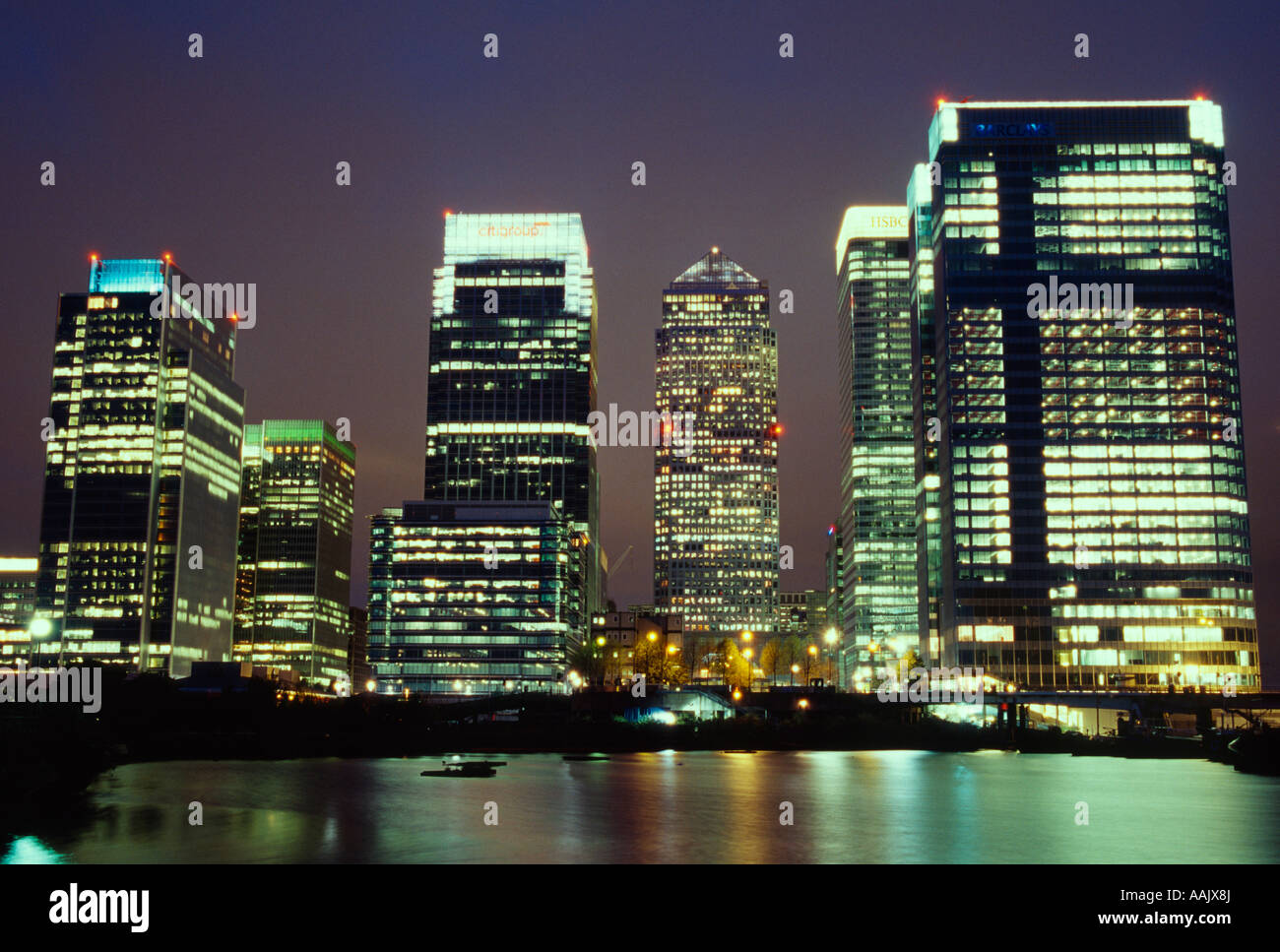 london docklands canary wharf high rise tower blocks night reflections ...