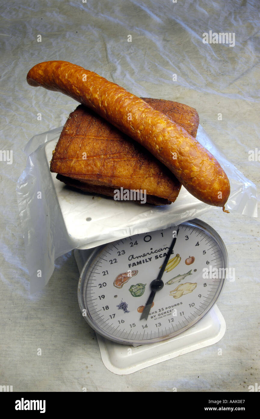 Bacon and sausage on scale Stock Photo - Alamy