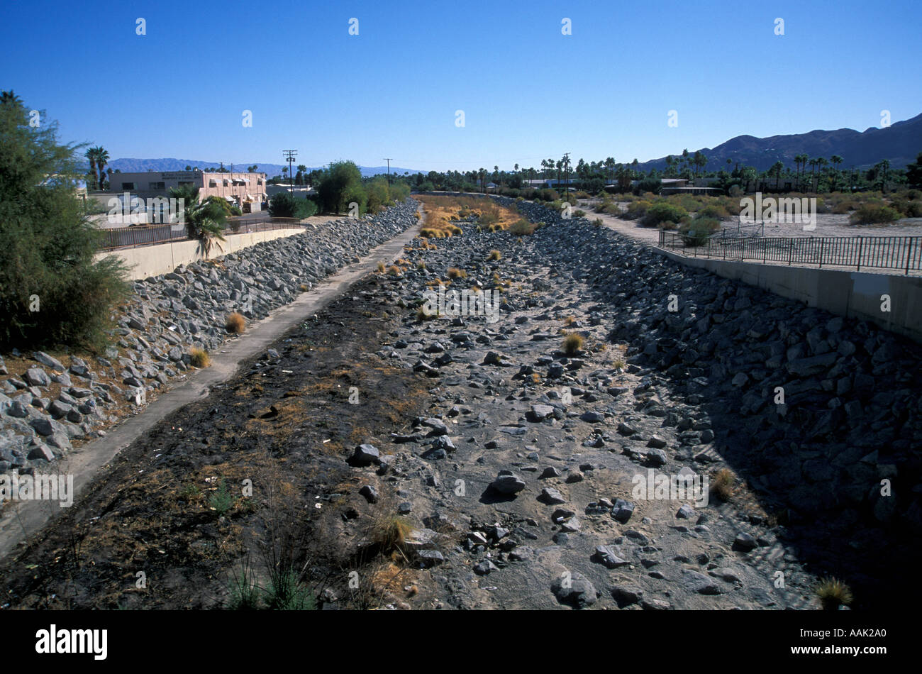 Empty and dry river bed shows no water Palm Springs California Stock ...