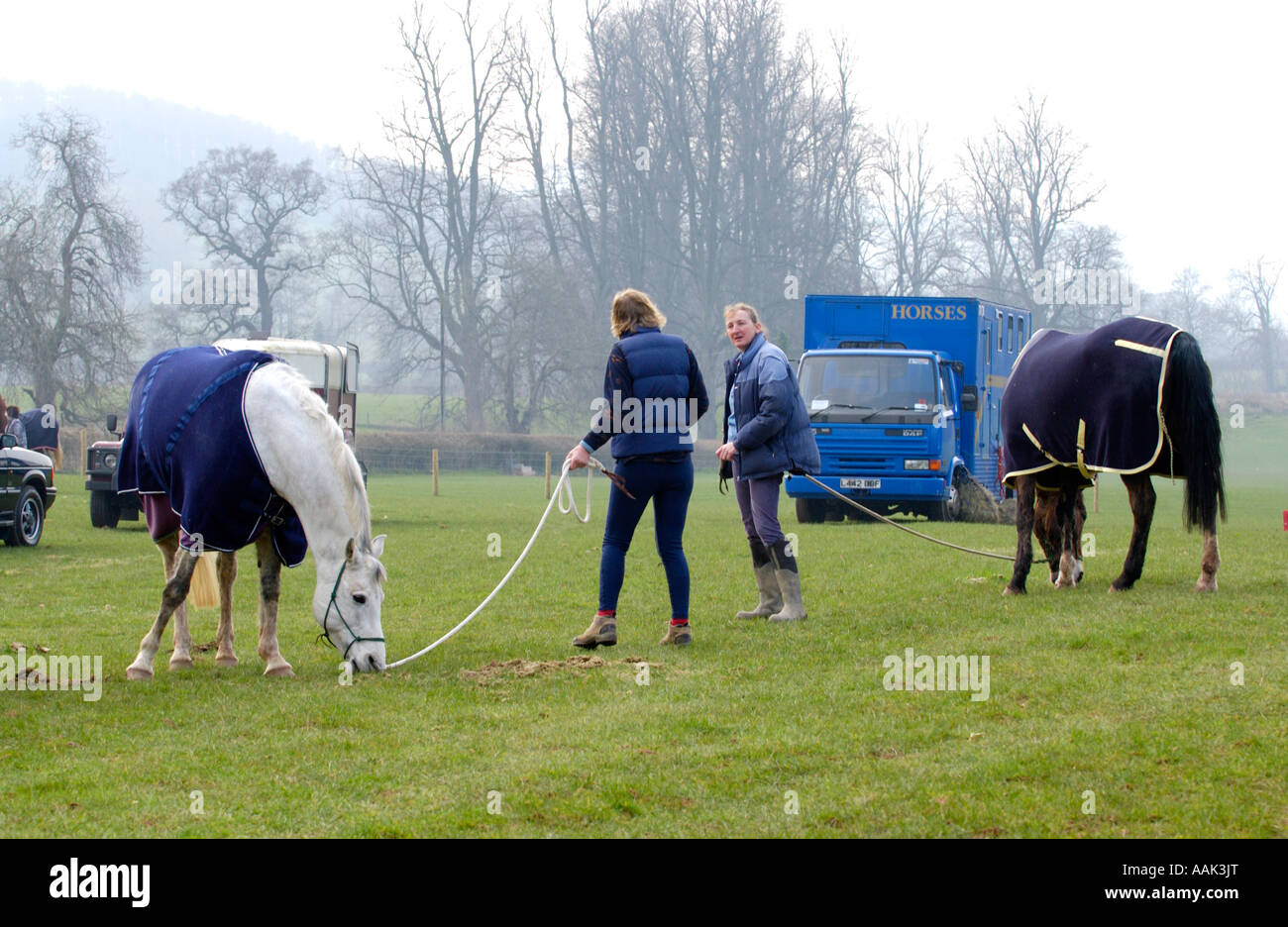 Women talking holding horses while they graze at Tregoyd Mountain ...