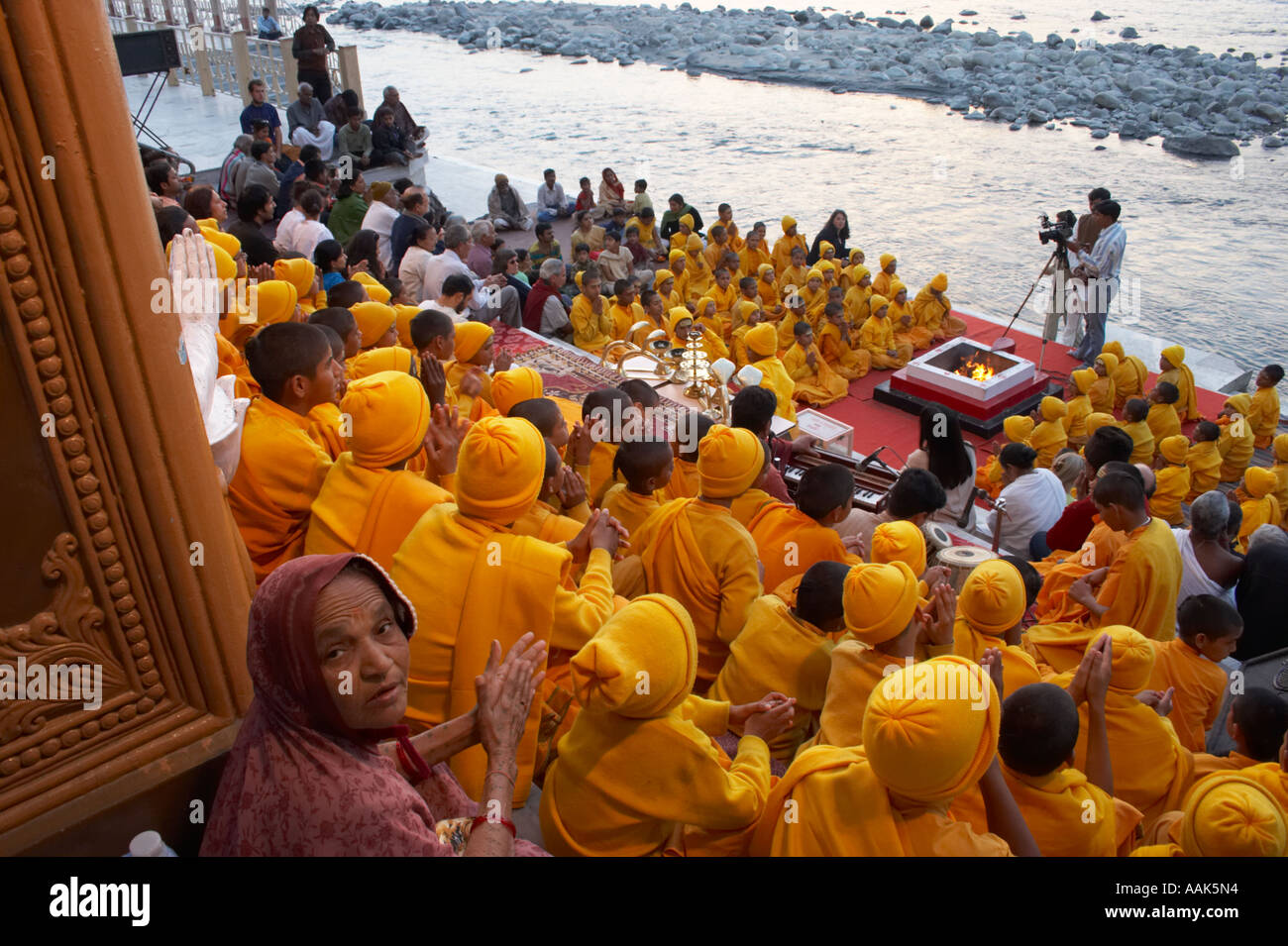 Evening fire worship ceremony by Hare Krisha followers (students) at ...
