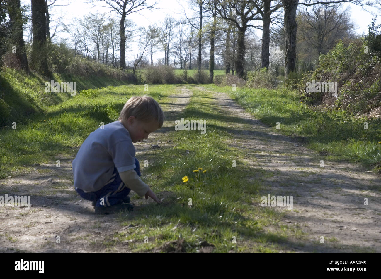 Young boy exploring the countryside and observing nature Stock Photo ...