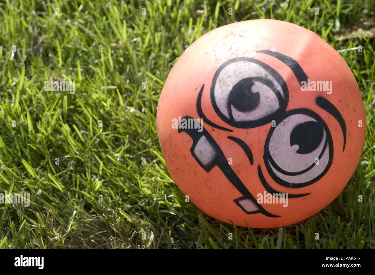 Funny little shot of an old and discarded childrens ball in the garden ...