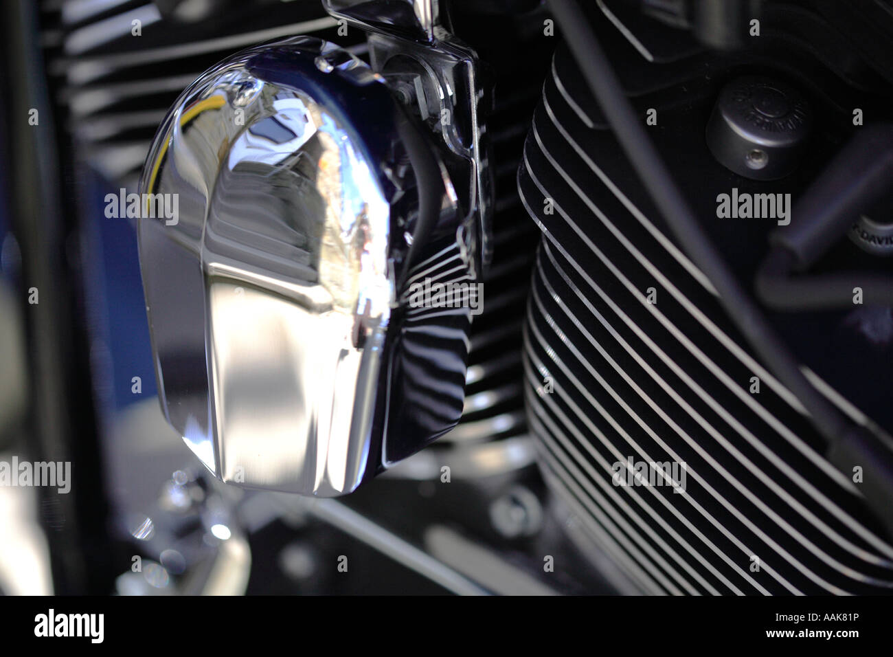close shot of the chrome engine on a shiny Harley Davidson motorcycle ...