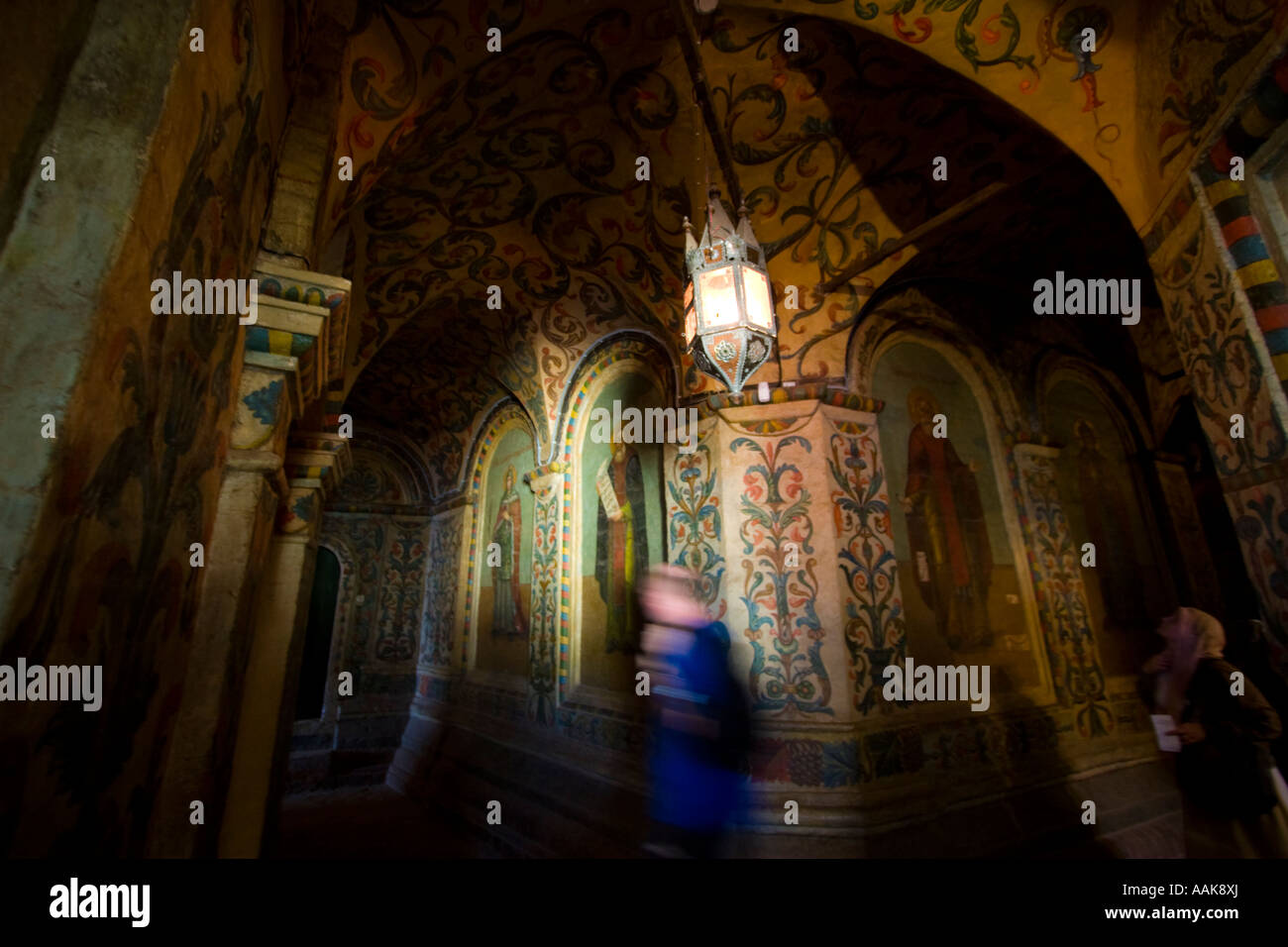 Tourists walking around inside St Basil's Cathedral in Moscow, Russia ...