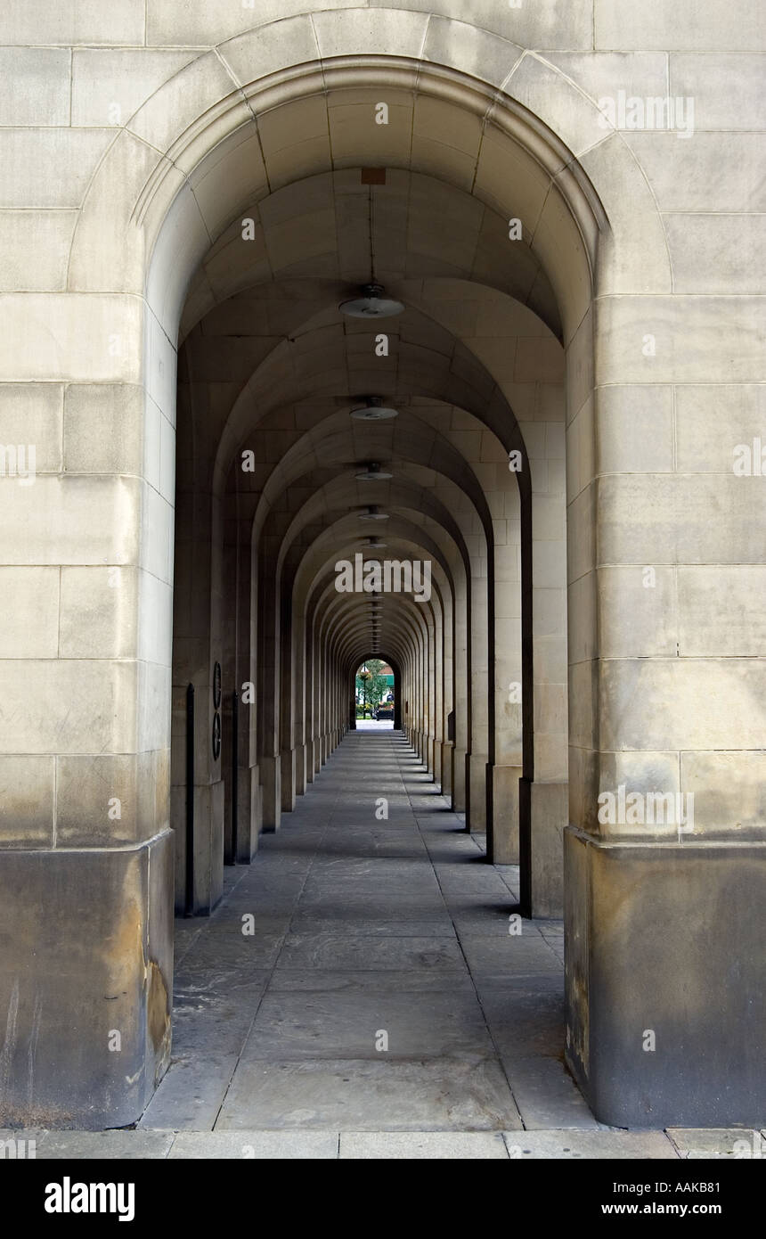 Stone Arches columns and shadows Manchester Town Hall UK in a ...