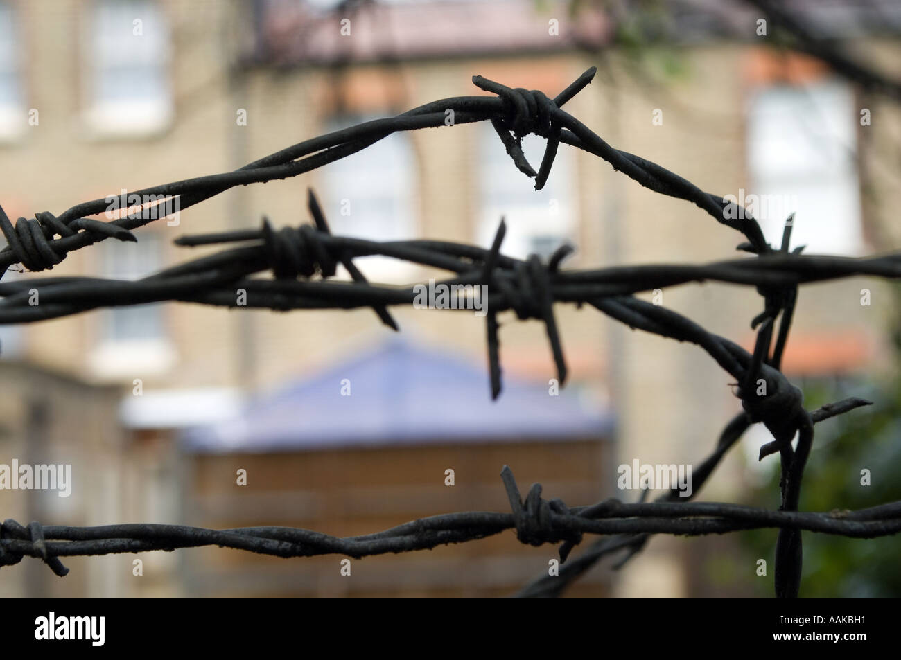 urban house secured with barbed wire 2 of 2 Stock Photo - Alamy