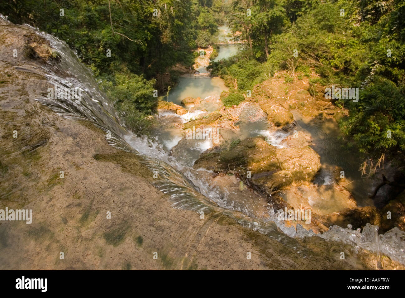 View over the edge of Kuang Xi waterfall near Luang Prabang Laos Stock ...