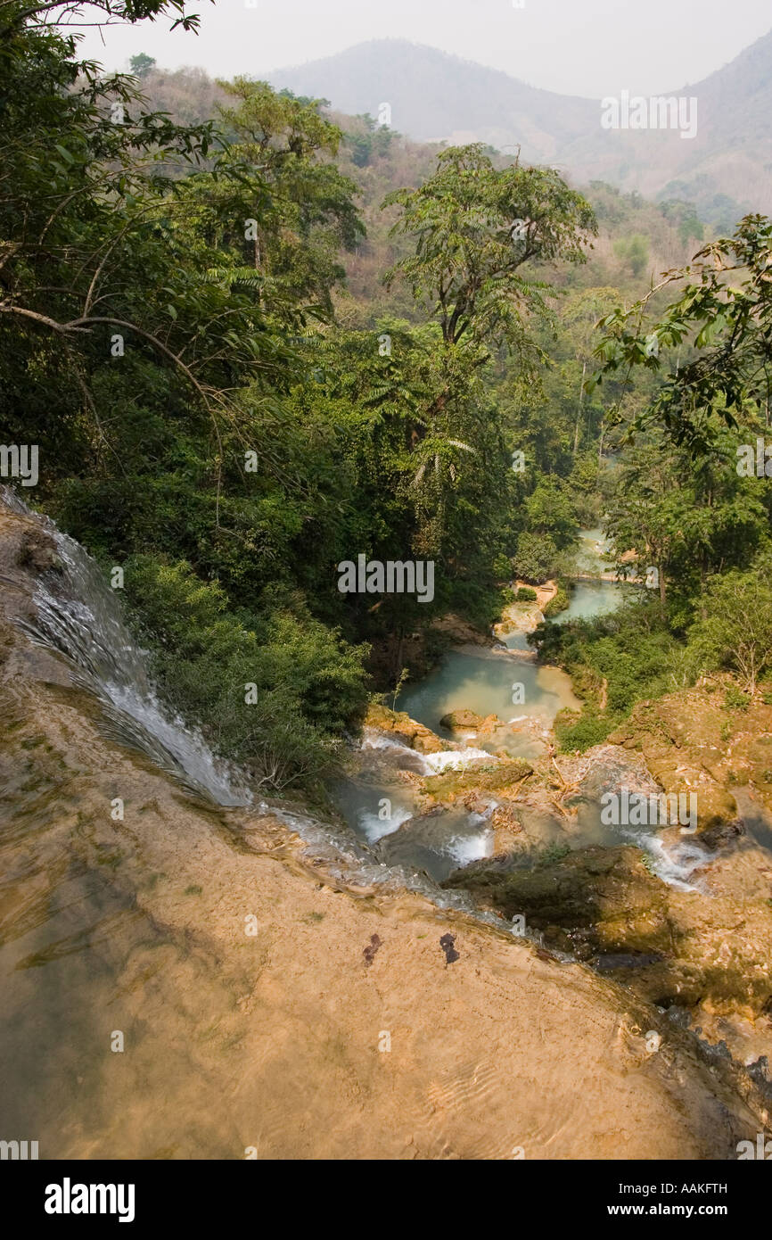 View over the edge of Kuang Xi waterfall near Luang Prabang Laos Stock ...