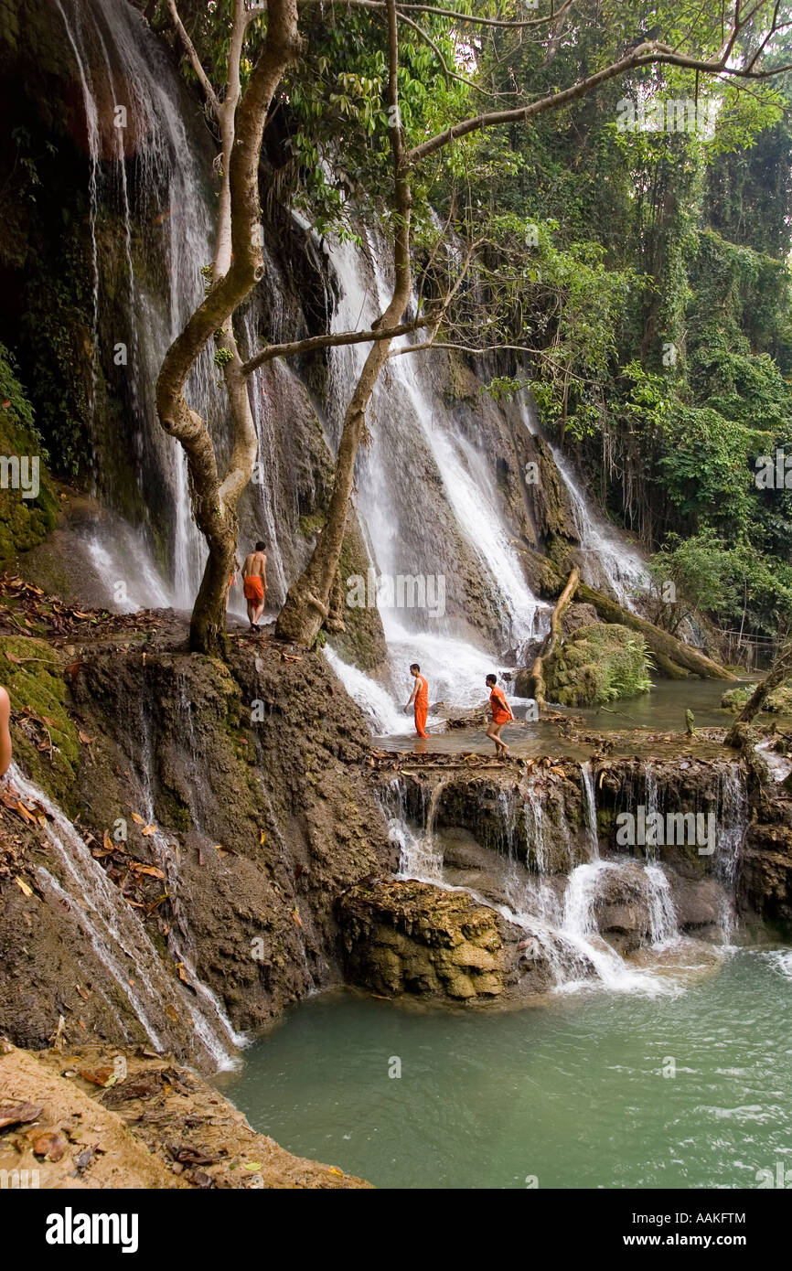 Novice monks Kuang Xi waterfall near Luang Prabang Laos Stock Photo - Alamy