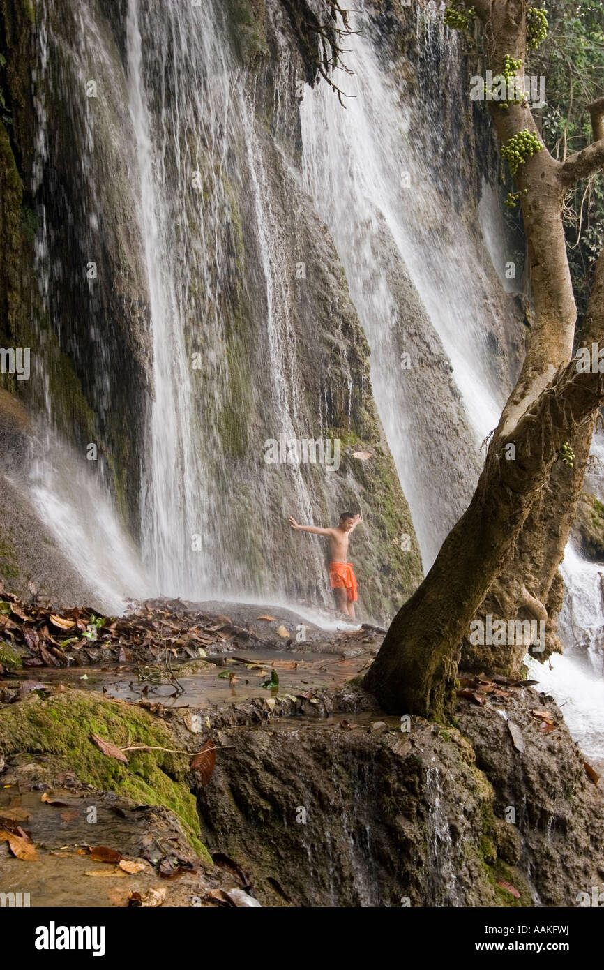 Novice monks Kuang Xi waterfall near Luang Prabang Laos Stock Photo - Alamy