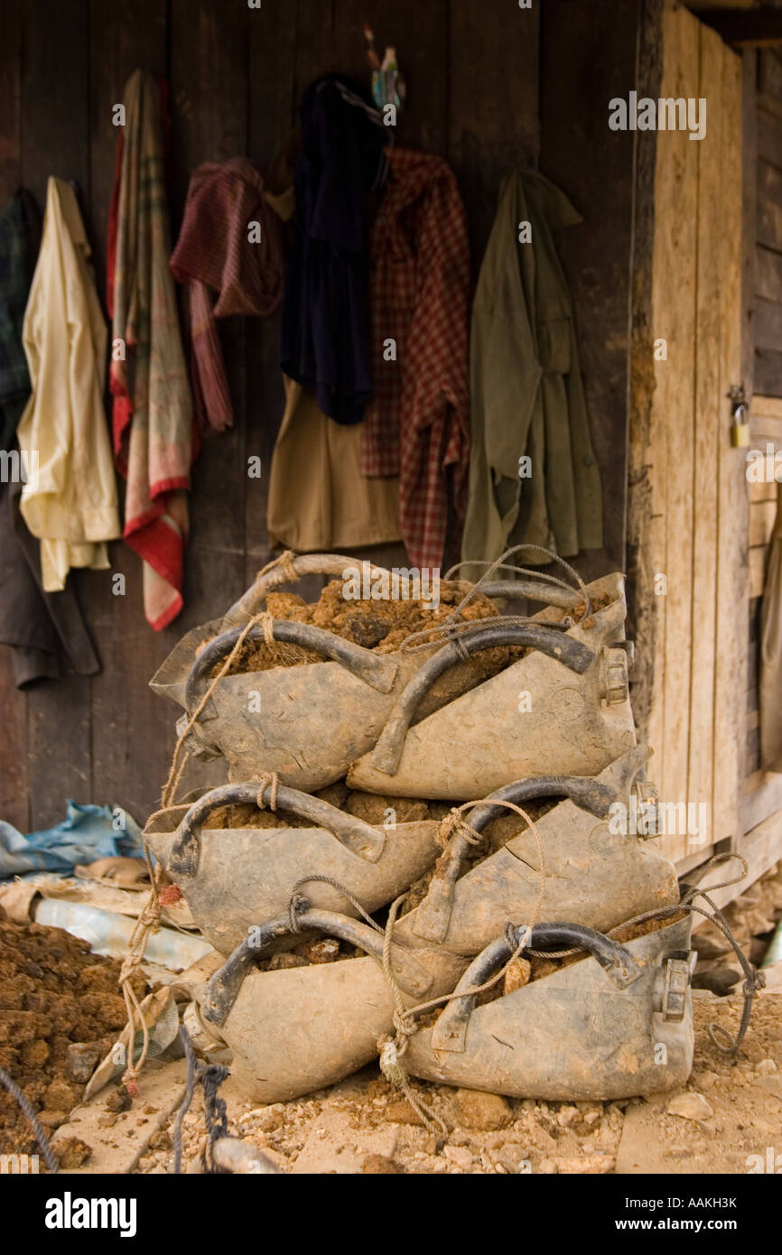 Stack of shovels containing mined material Menmong Mondolkiri Province ...