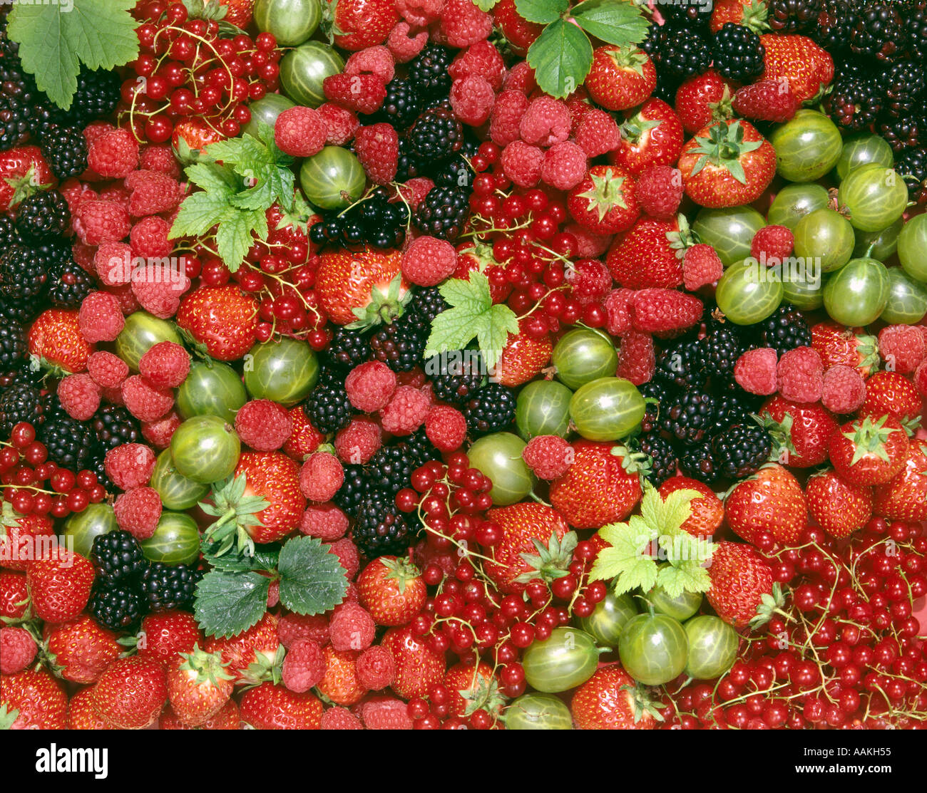 Summer soft fruits with strawberries, gooseberries and currants Stock ...