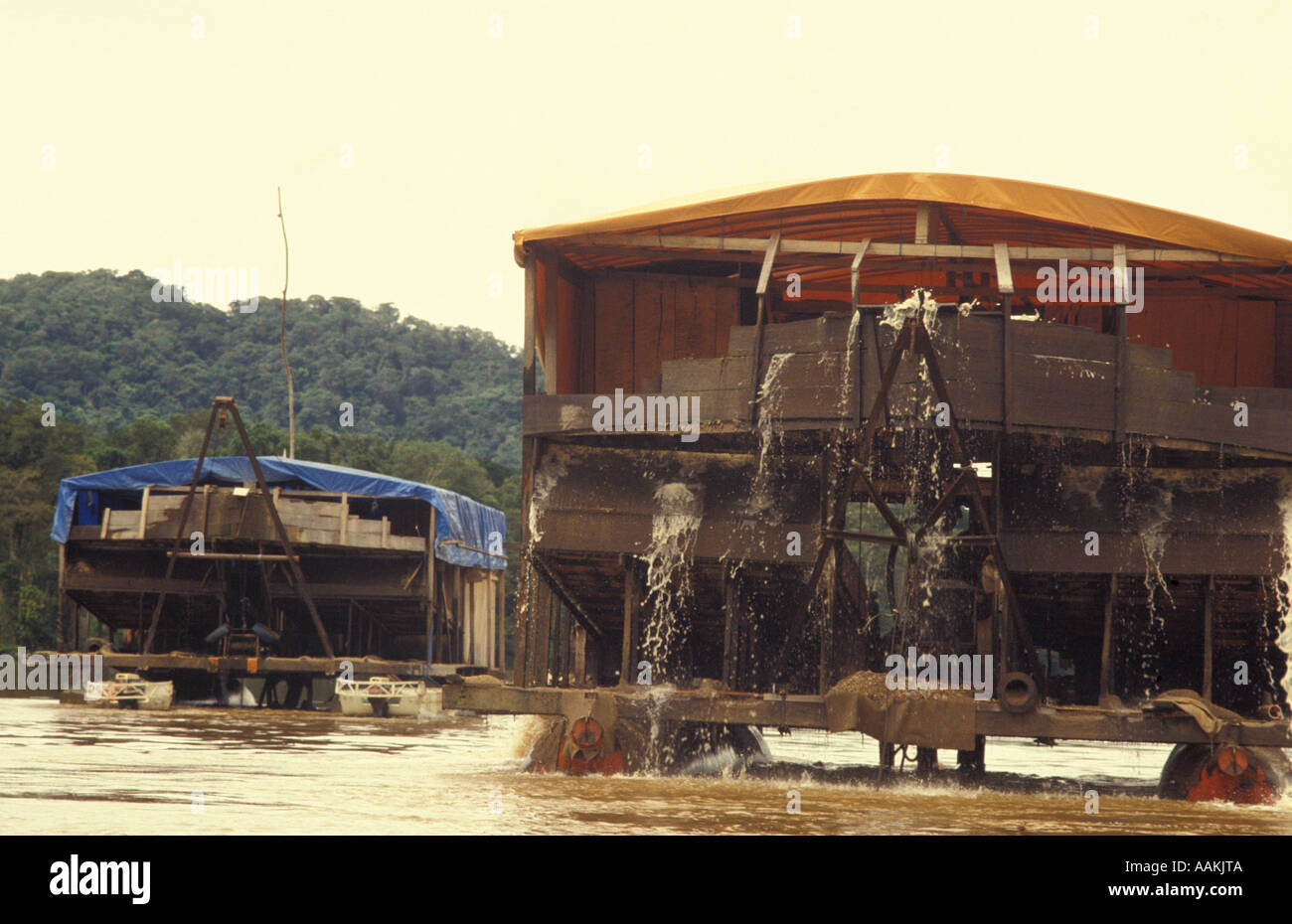 Amazon rainforest, Brazil. Prospection rafts. Gold seekers, illegal ...