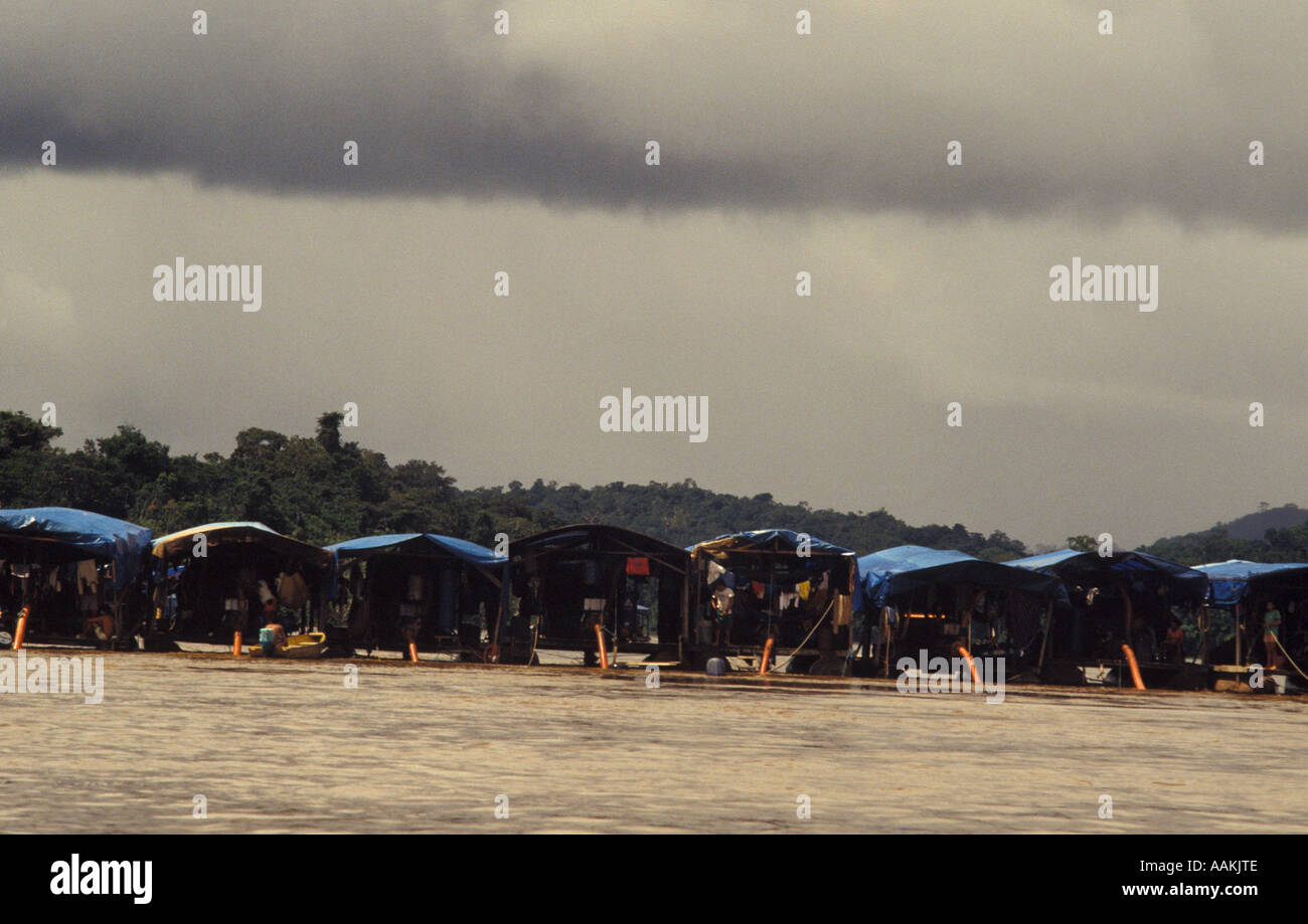 Amazon rainforest, Brazil. Prospection rafts. Gold seekers, illegal ...