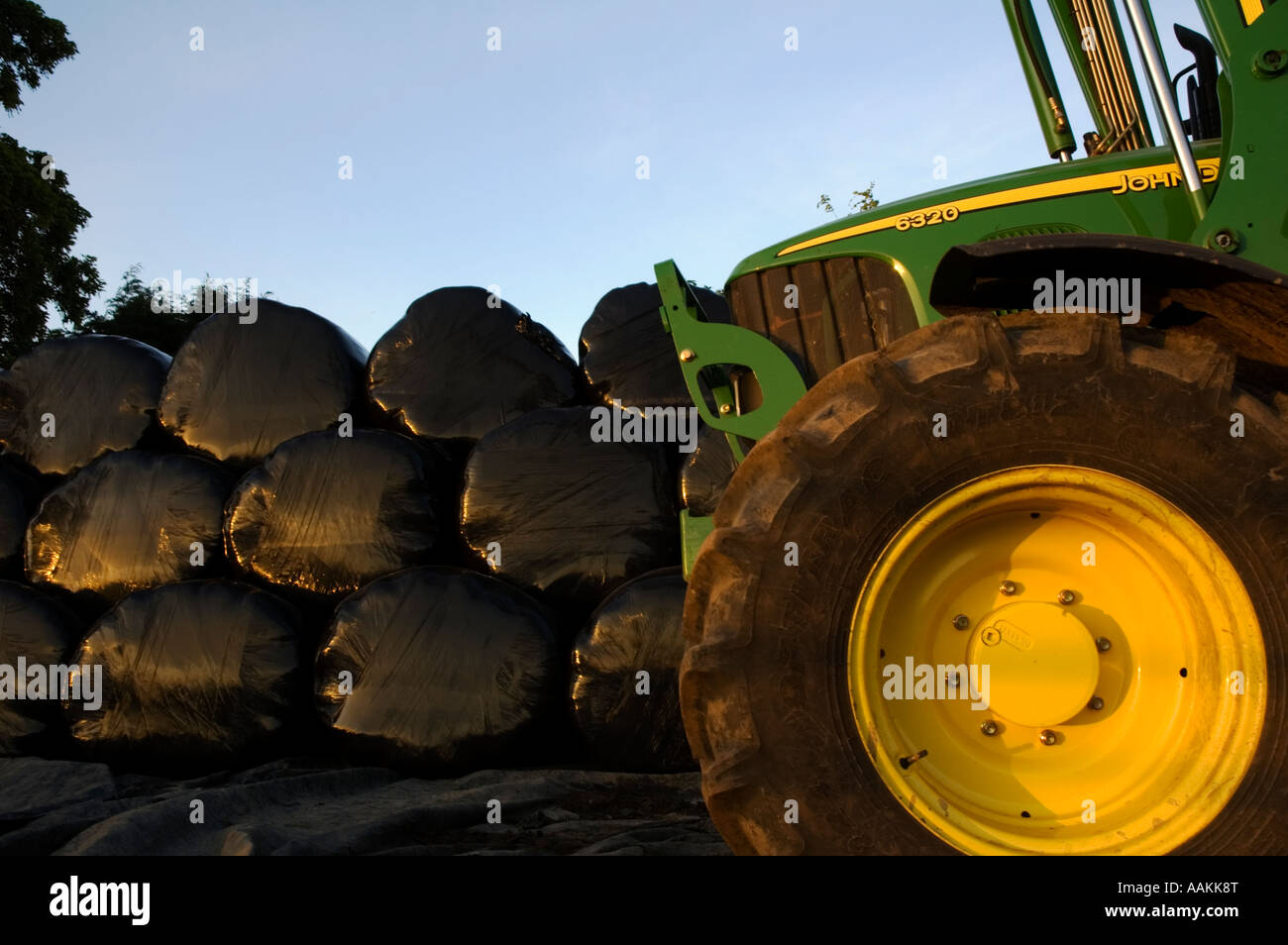 John Deere 6320 Loader tractor and wrapped silage bales, North ...