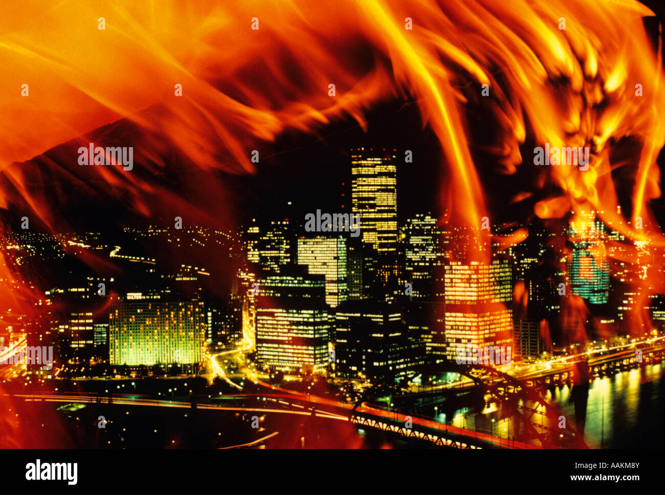 FIRE FLAMES CITY NIGHT Stock Photo - Alamy