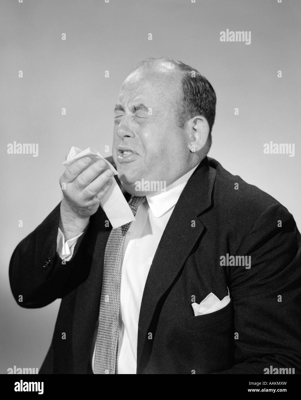 1950s 1960s BALD MAN SNEEZING COLD FLU SICK SICKNESS HANDKERCHIEF TO ...