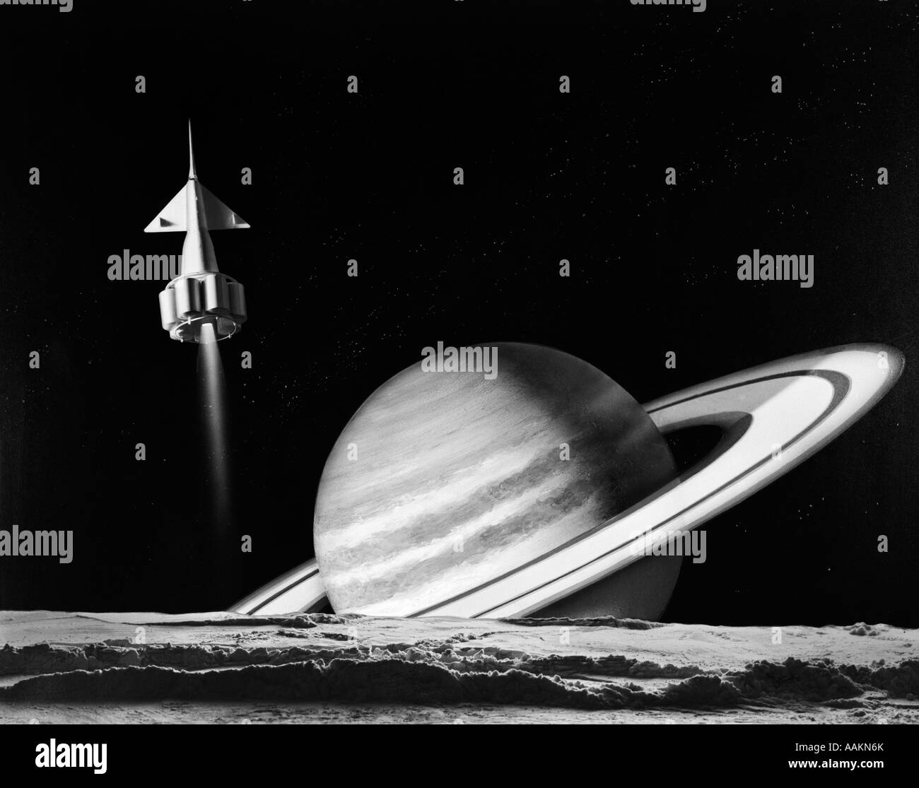 1960s SPACE ROCKET FLYING PAST SATURN WITH SURFACE OF ANOTHER PLANET IN ...