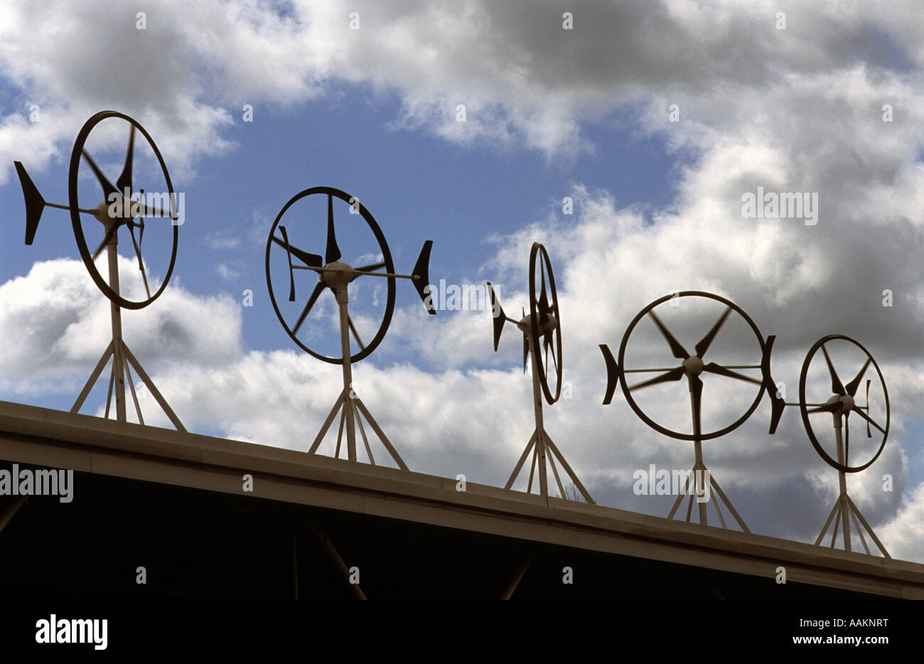 Micro wind turbines on the roof of a Tesco supermarket, Diss, Norfolk ...