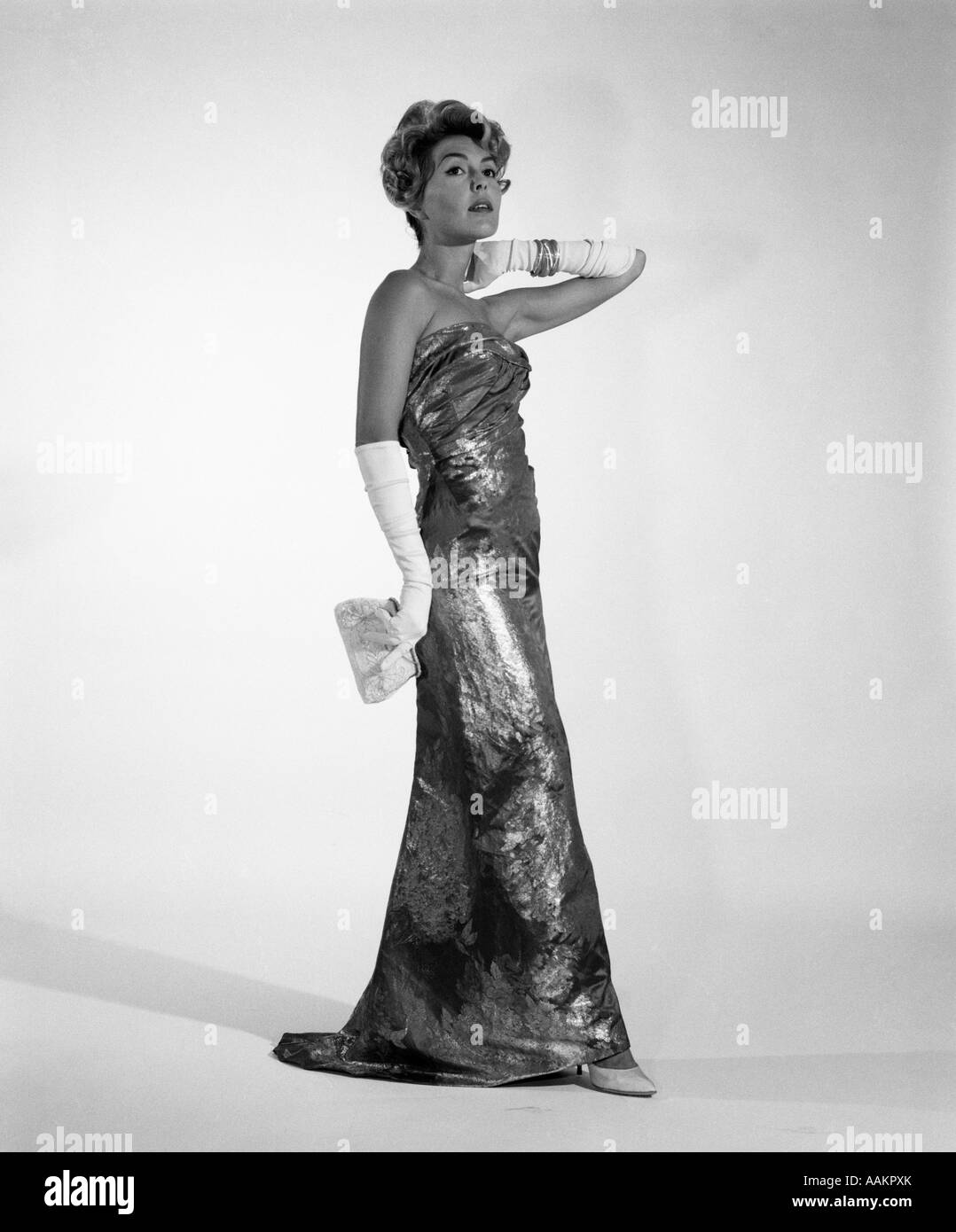 1950s 1960s FULL LENGTH STUDIO GLAMOUR PORTRAIT WOMAN ELEGANT WEARING ...