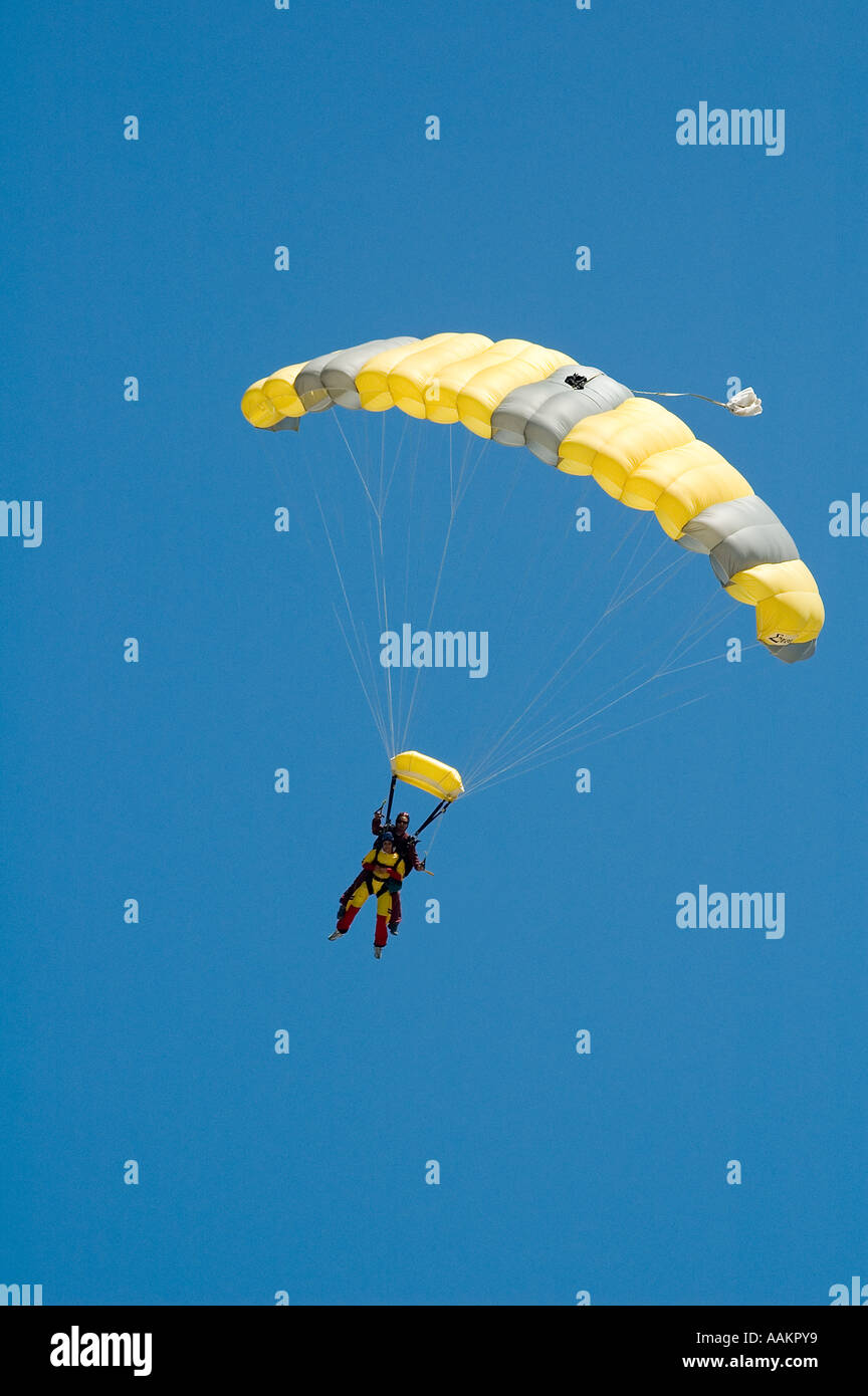 Two skydivers in tandem jump landing a 'square' ram-air parachute Stock ...