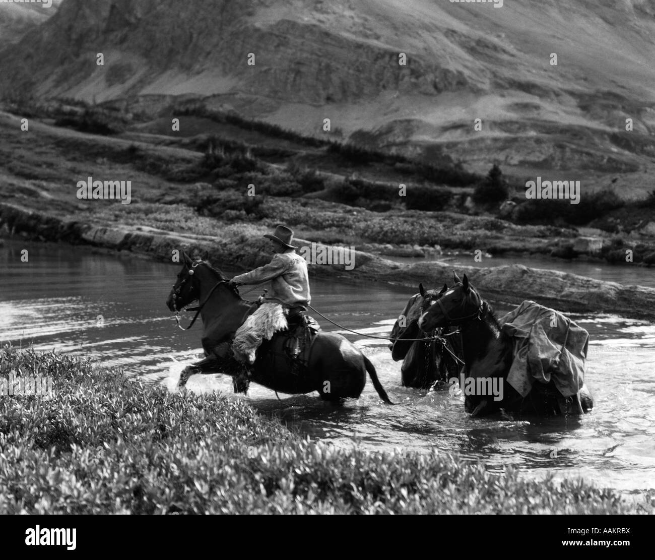 Cowboy horses crossing stream hi-res stock photography and images - Alamy