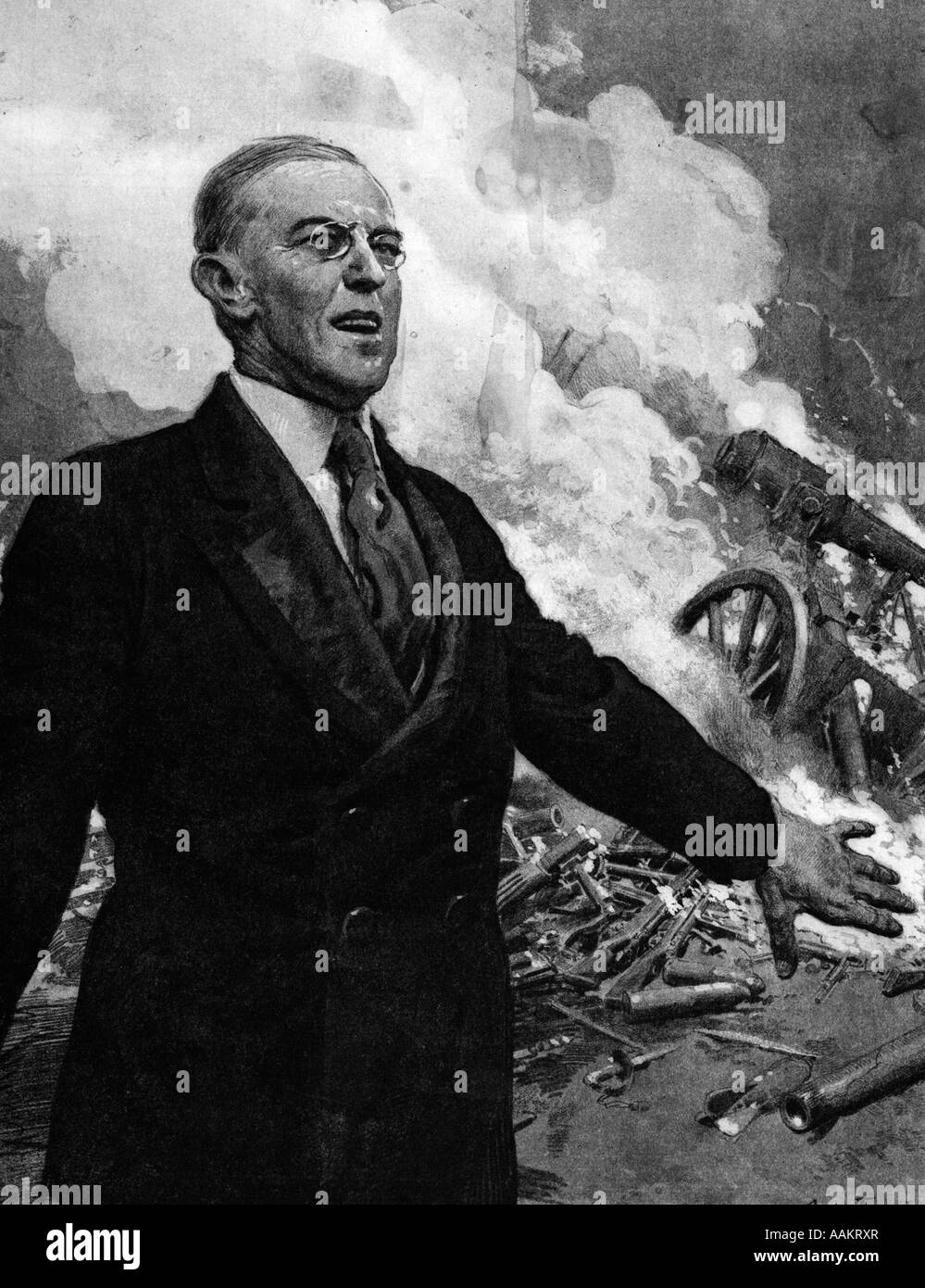 WOODROW WILSON 1856 - 1924 STANDING BEFORE BATTLE SCENE ANNOUNCING ...