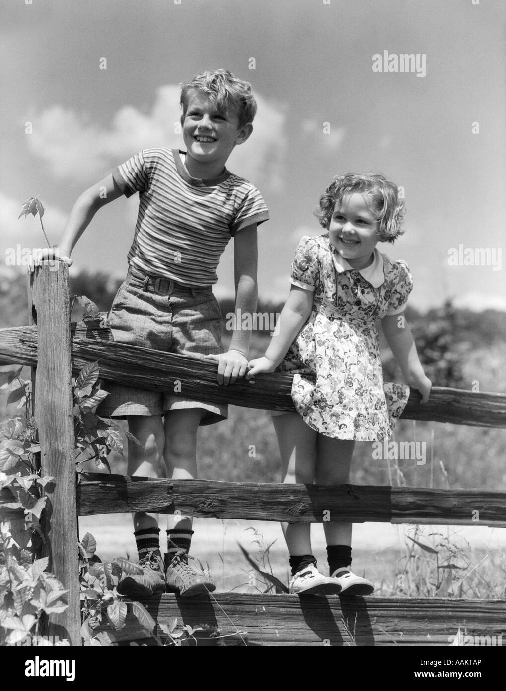 1930s CHILDREN BLOND BOY AND GIRL STANDING TOGETHER ON WOODEN SPLIT ...